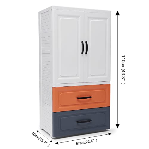 Plastic Drawers Dresser Rolling Plastic Storage Dresser Storage Cabinet on Wheels with 2 Large Drawers and Top 1 Large Cabinet (22.4"L x 15.7"D x 43.3"H)