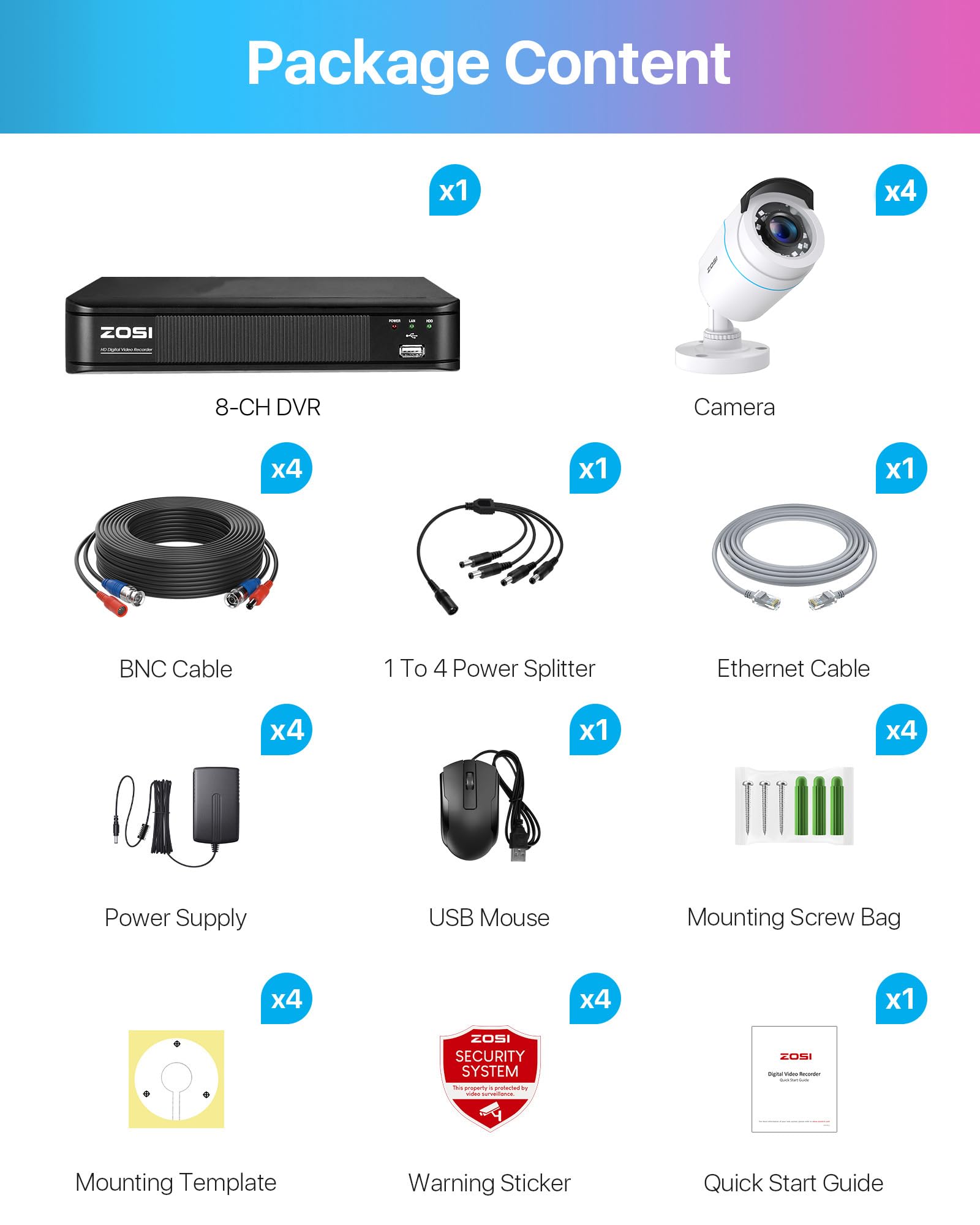 ZOSI H.265+ Full 1080p Home Security Camera System,5MP 3K Lite 8CH CCTV DVR Recorder with AI Human Vehicle Detection, 4 x 2MP Weatherproof Surveillance Bullet Camera Outdoor 80ft Night Vision (No HDD)