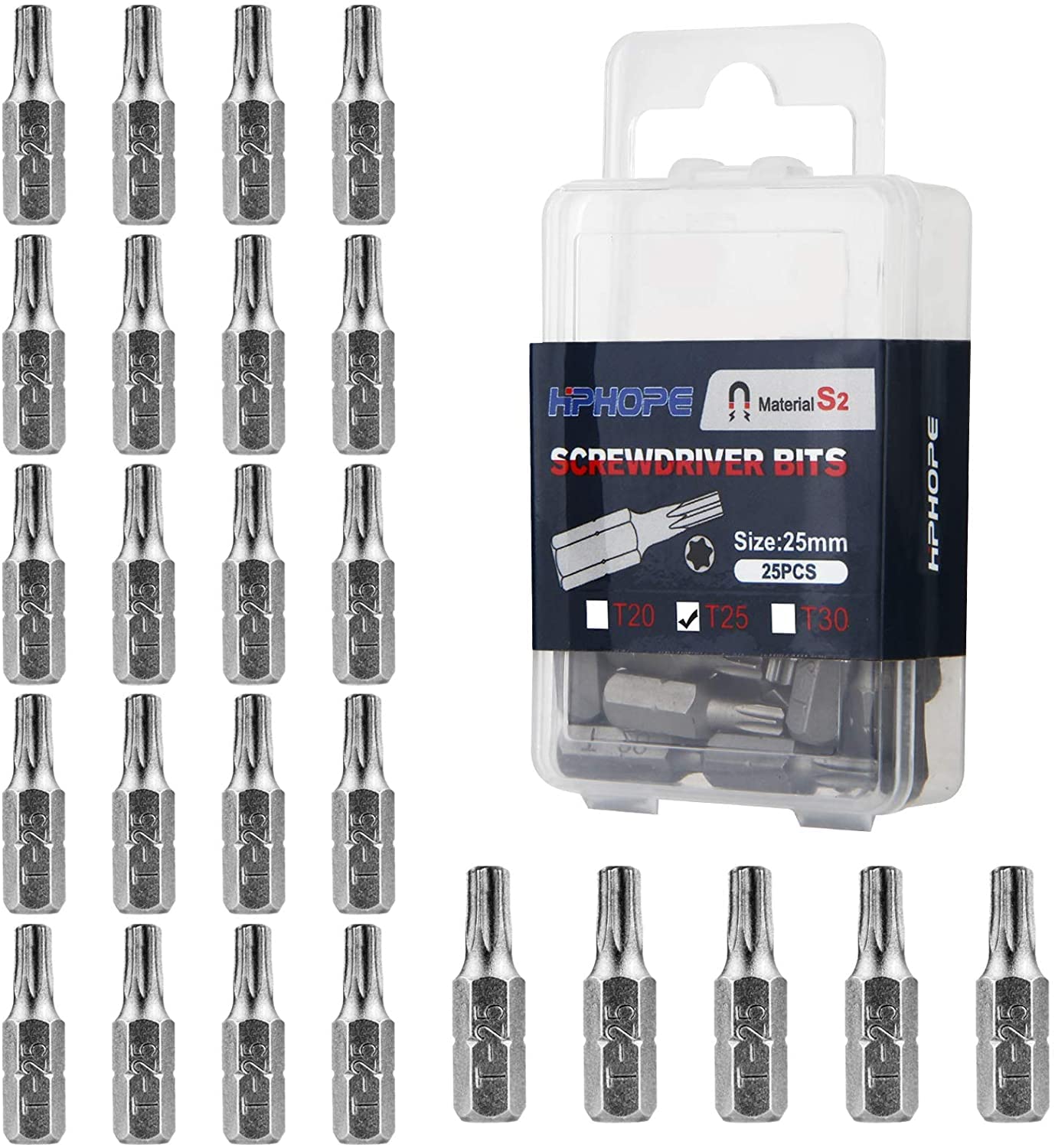 HPHOPE T25 Screwdriver Bit Set, Torx Bits T25, 1/4" Hexagon Bit, Length: 1", 25Pcs