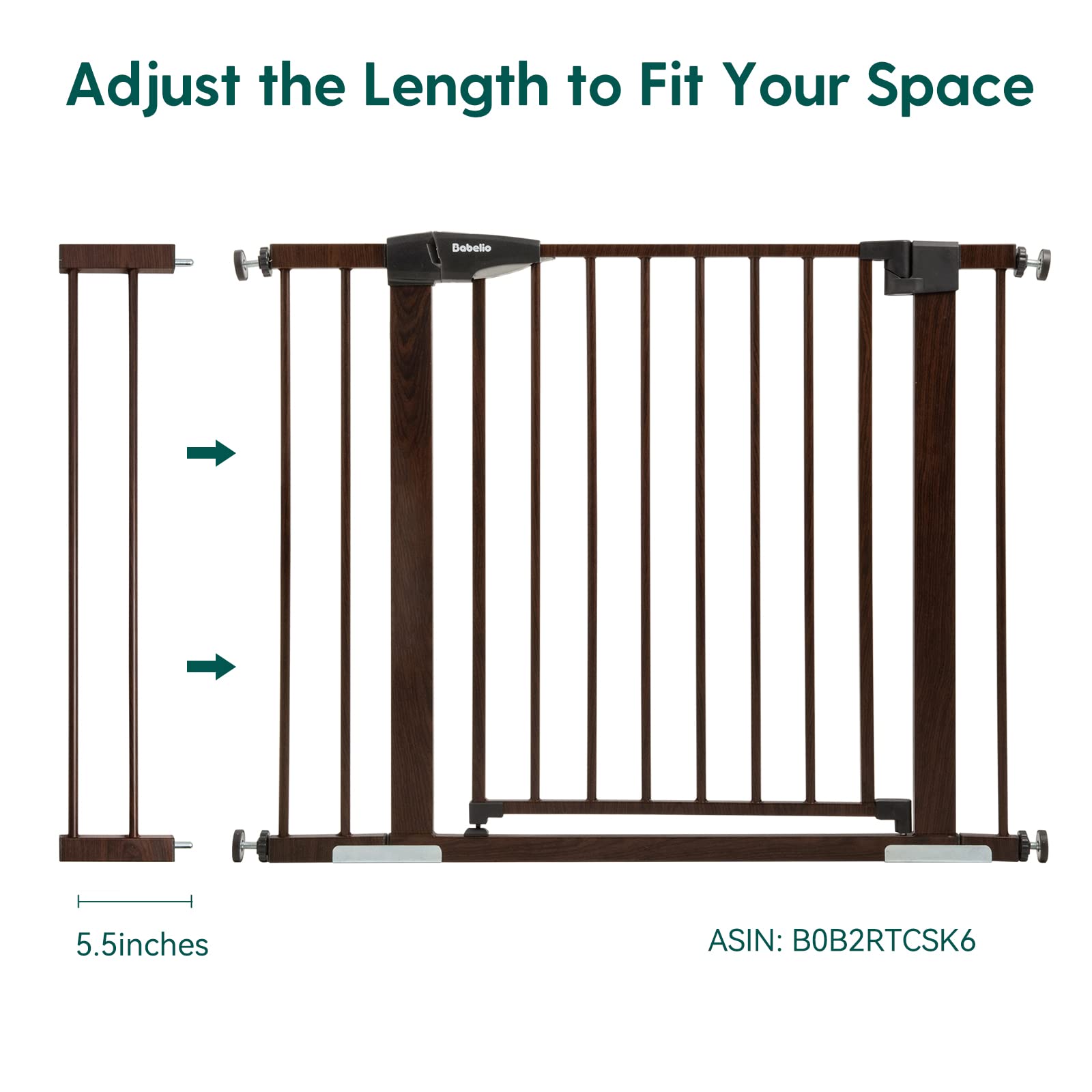 BABELIO 29-46 Inch Pressure Mounted Metal Baby Gate with Vintage Dark Brown Wood Pattern, Easy Install, No Drilling, No Tools Required, with Wall Protectors and Extenders