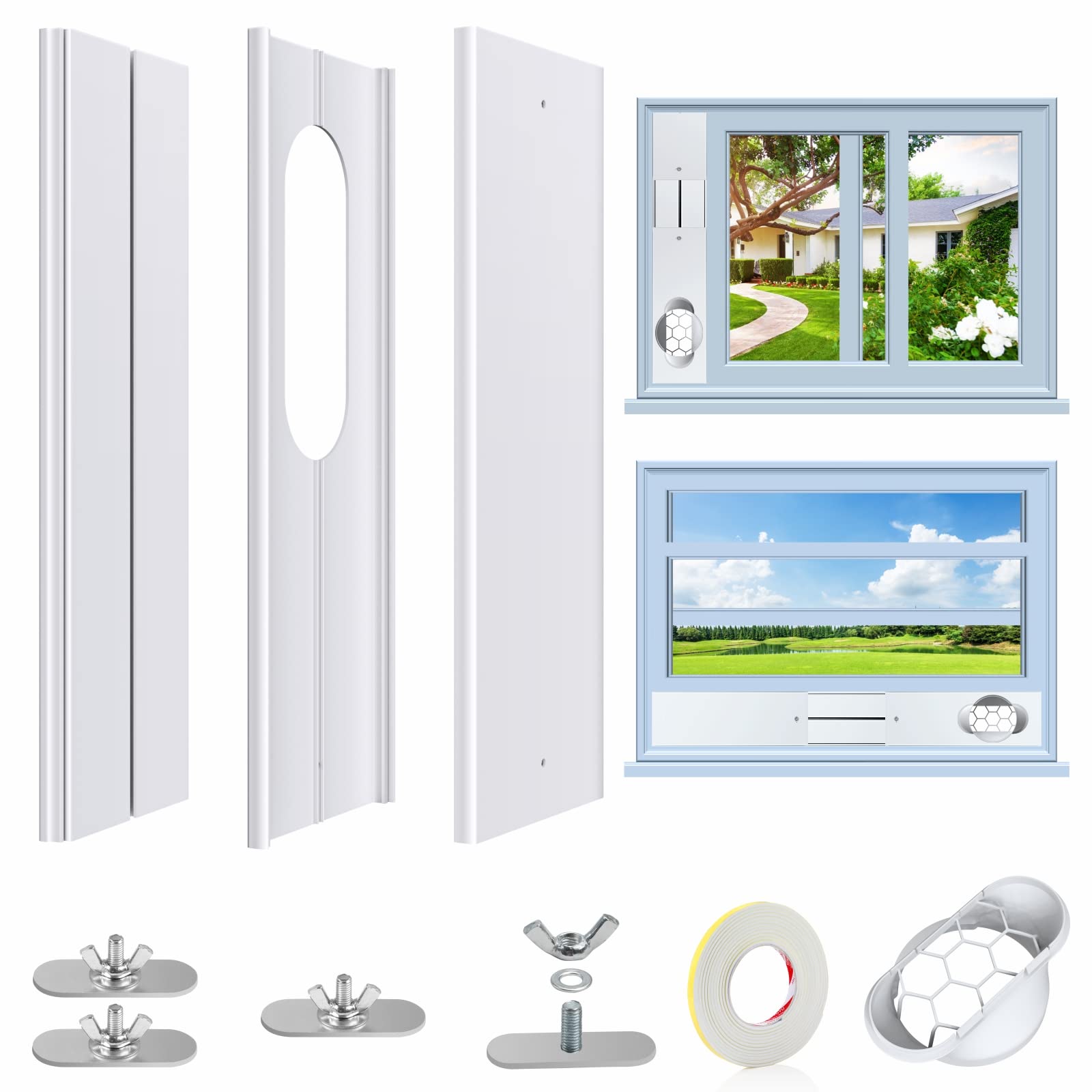 Portable AC Window Seal Kit with 5.1" Coupler, Lafinynp Adjustable Air Conditioner Window Vent Kit for AC Unit, Sliding AC Plates Kits for 17-47" Vertical/Horizontal Window and 5.1" Hose(3Pc)