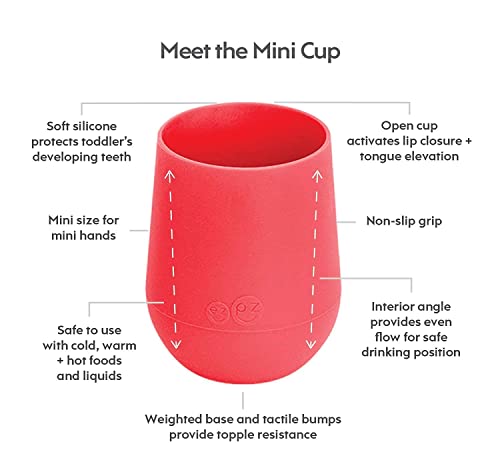 ezpz Mini Collection Set (Coral) - 100% Silicone Cup, Fork, Spoon & Mini Mat Suction Plate with Built-in Placemat for Infants + Toddlers - First Foods + Self-Feeding - 12 Months+