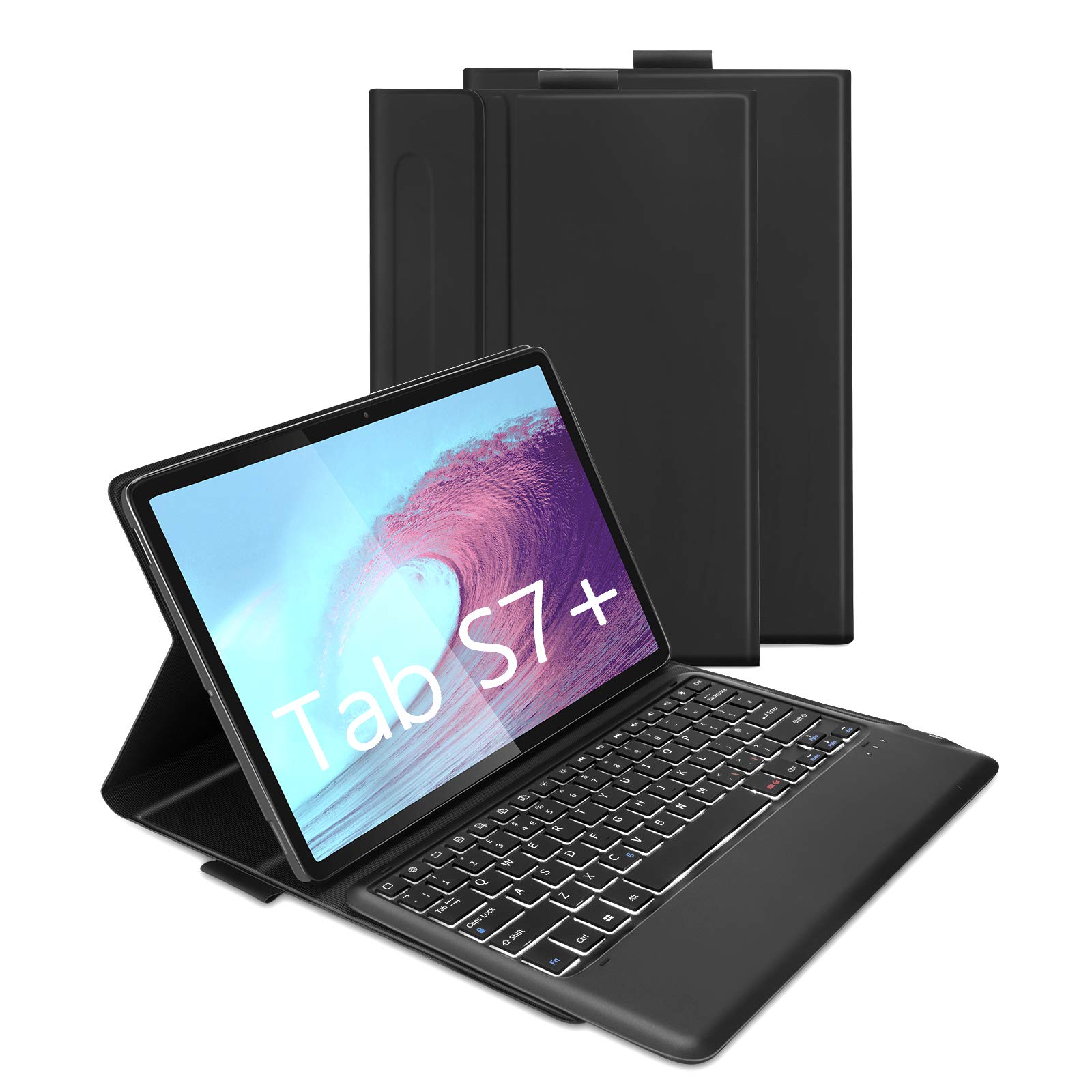 Backlit Keyboard Case for Samsung Galaxy Tab S8+/ S7+ / S7 FE 12.4", Cover with Detachable Keyboard US Layout for Samsung Galaxy Tab S7 FE/ S8 Plus / S7 Plus 12.4 Inch, Black