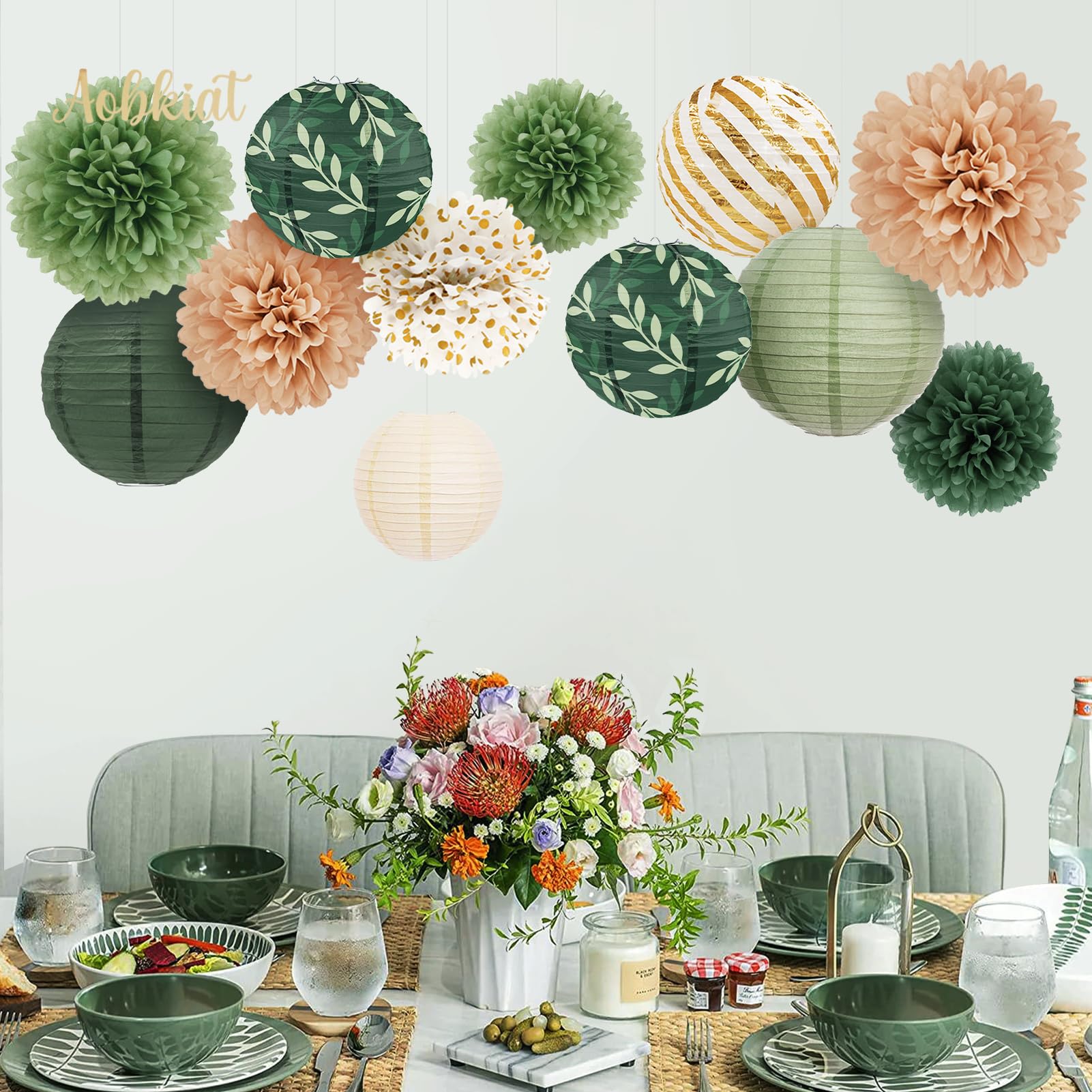 AOBKIAT Wedding Party Decorations Set,12PCS Olive Green Sage Paper Pom Poms Lanterns with Olive Leaf,for Engagement,Baby Shower,Bridal Shower,Boho Party