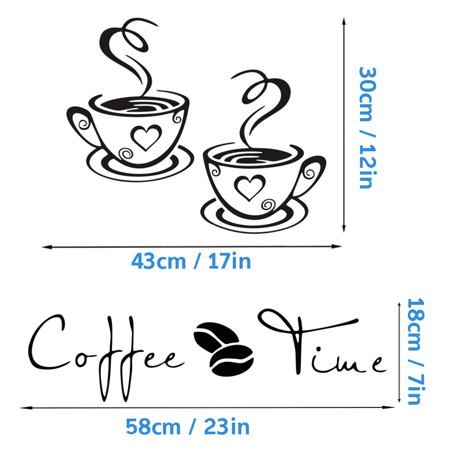 CUNYA 2 Sets Kitchen Wall Decor Stickers, Cups Coffee Time Quotes Decals with Beans Mural, Peel and Stick Wallpaper, DIY Removable Wall Art Decals Mural Posters Home Decor