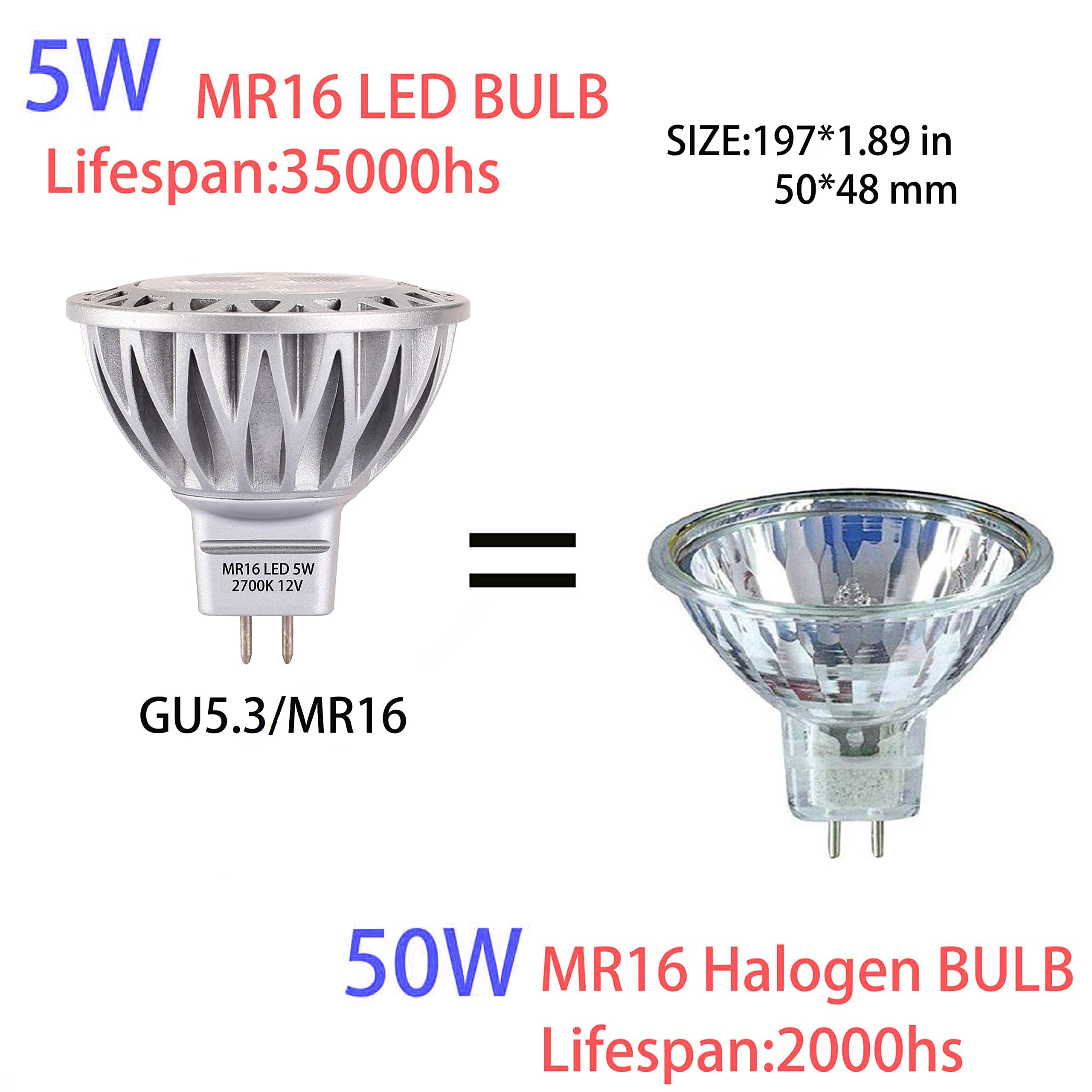 Aluminum MR16 led Bulb Spotlight GU5.3 Base 5W Replace 20W 35W Halogen Equivalent,Soft Warm White 2700K,12V Low Voltage LED Bulbs for Outdoor Landscape Flood Ceil Track Lighting,Not Dimmable,38° 6Pack
