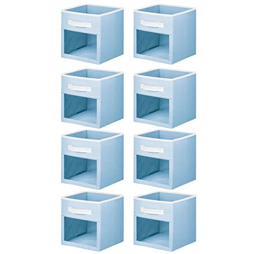 mDesign Fabric Nursery/Playroom Closet Storage Organizer Bin Box, Front Handle/Window for Cube Furniture Shelving Units, Hold Toys, Clothes, Diapers, Bibs, Jane Collection, 8 Pack - Light Blue/White