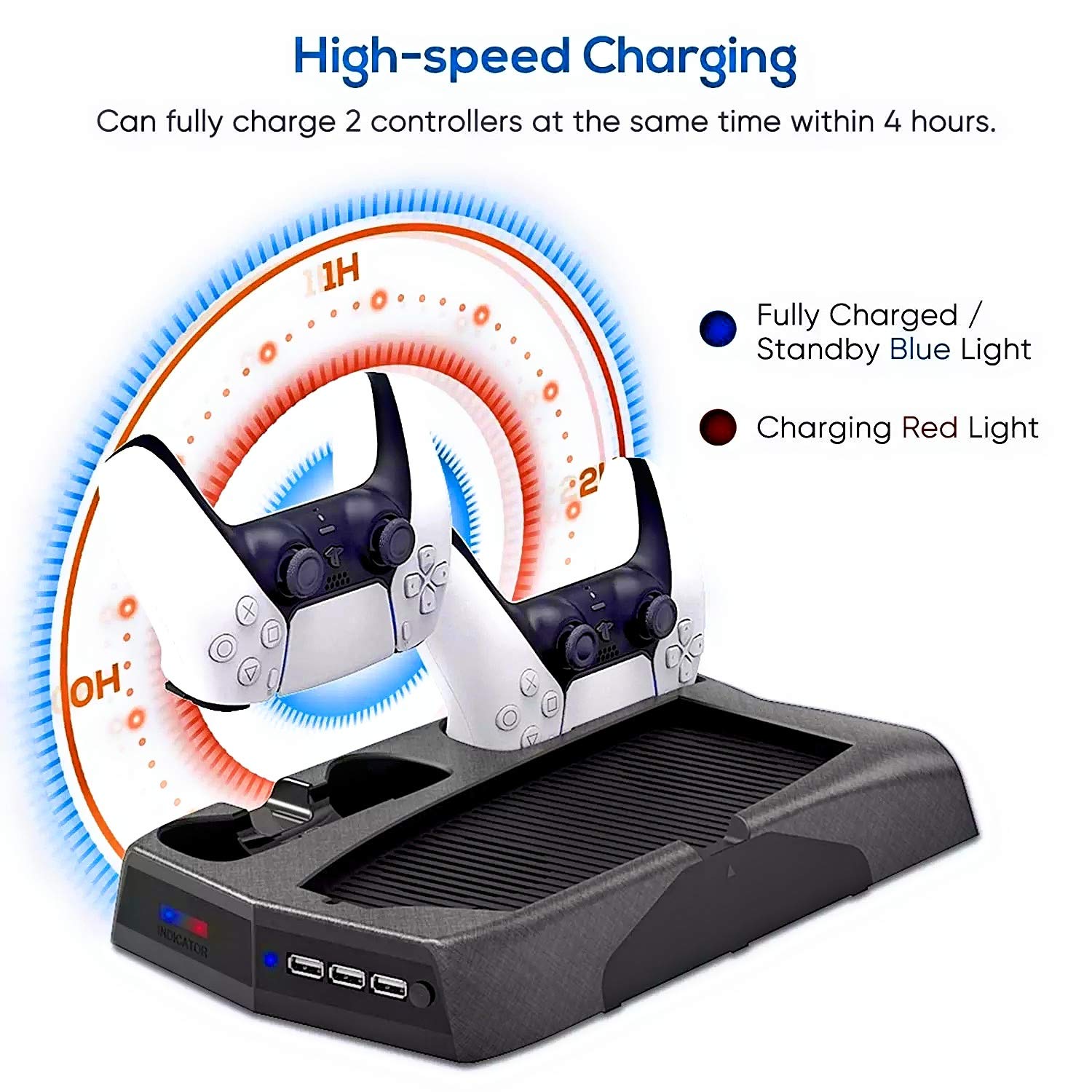 AlbTec Vertical Charging Stand with Cooling Fan compatible with PS5 Console and PlayStation 5 Digital Edition/Ultra HD Dual Controller Charger with LED Indicators plus 3 USB HUB and 14 Games Slots