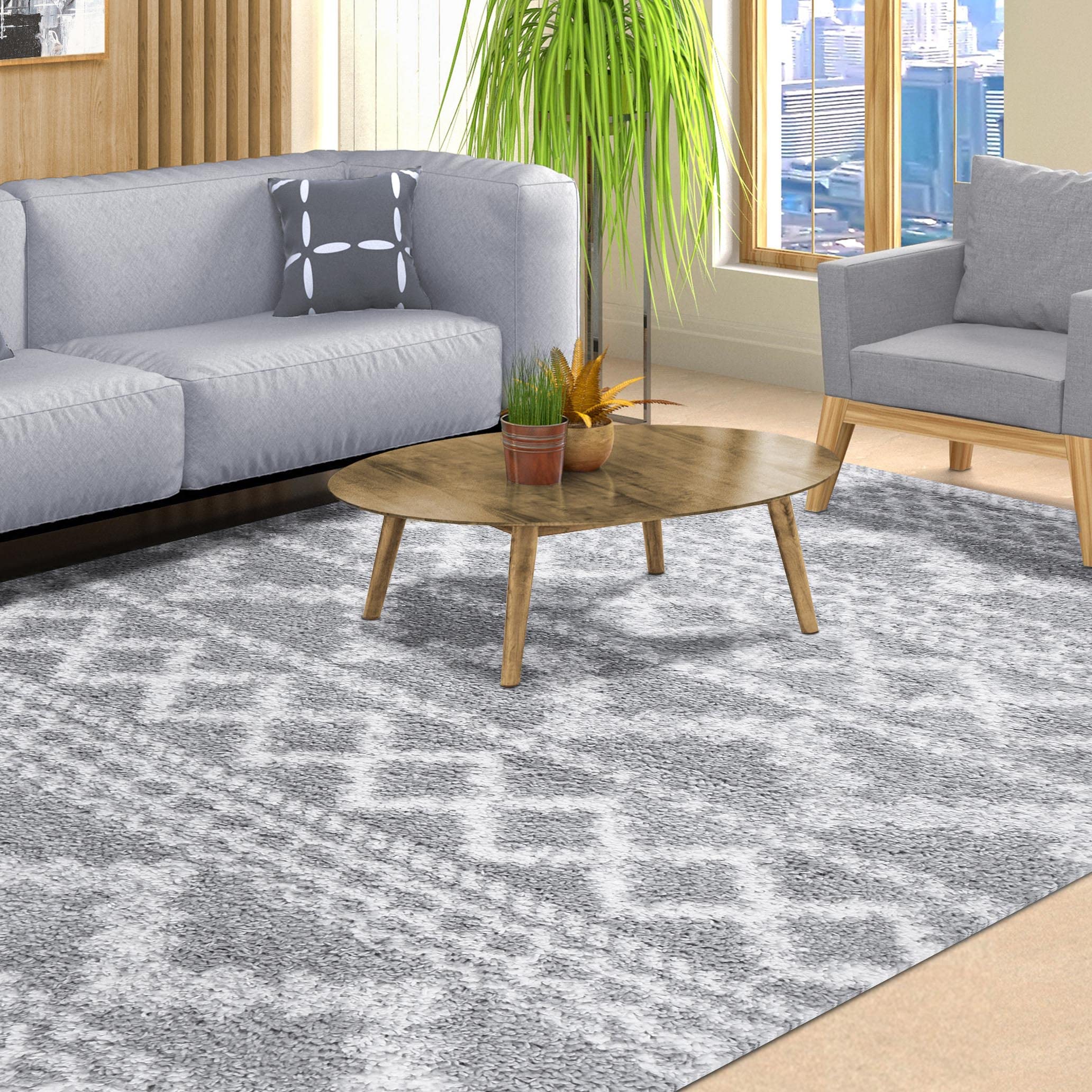Superior Indoor Area Rug Perfect for Bedroom, Laundry Room, Office, Playroom, Nursery, Fluffy Carpet Cover, Modern Geometric Diamond Lattice Shag Rhea Collection, 8' x 10', Light Grey & Ivory