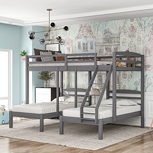 DEYOBED Full Over Twin & Twin Wooden Triple Bed Bunk Bed with Easy-Access Ladder - Functional Sleep Arrangement for Kids, Teens, Adults