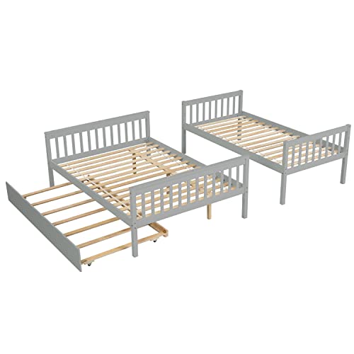 DEYOBED Twin Over Full Convertable Wooden Bunk Bed with Trundle for Kids Teens Adults