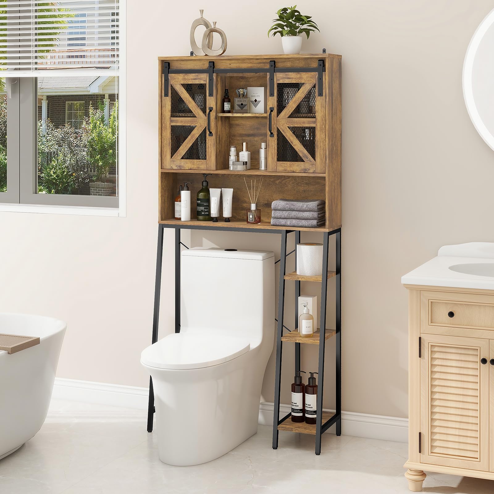 Befrases Over The Toilet Storage Cabinet, Farmhouse Storage Cabinet Over Toilet with 2 Sliding Barn Door,Home Space-Saving Toilet Rack, for Bathroom, Restroom, Laundry.(Brown)