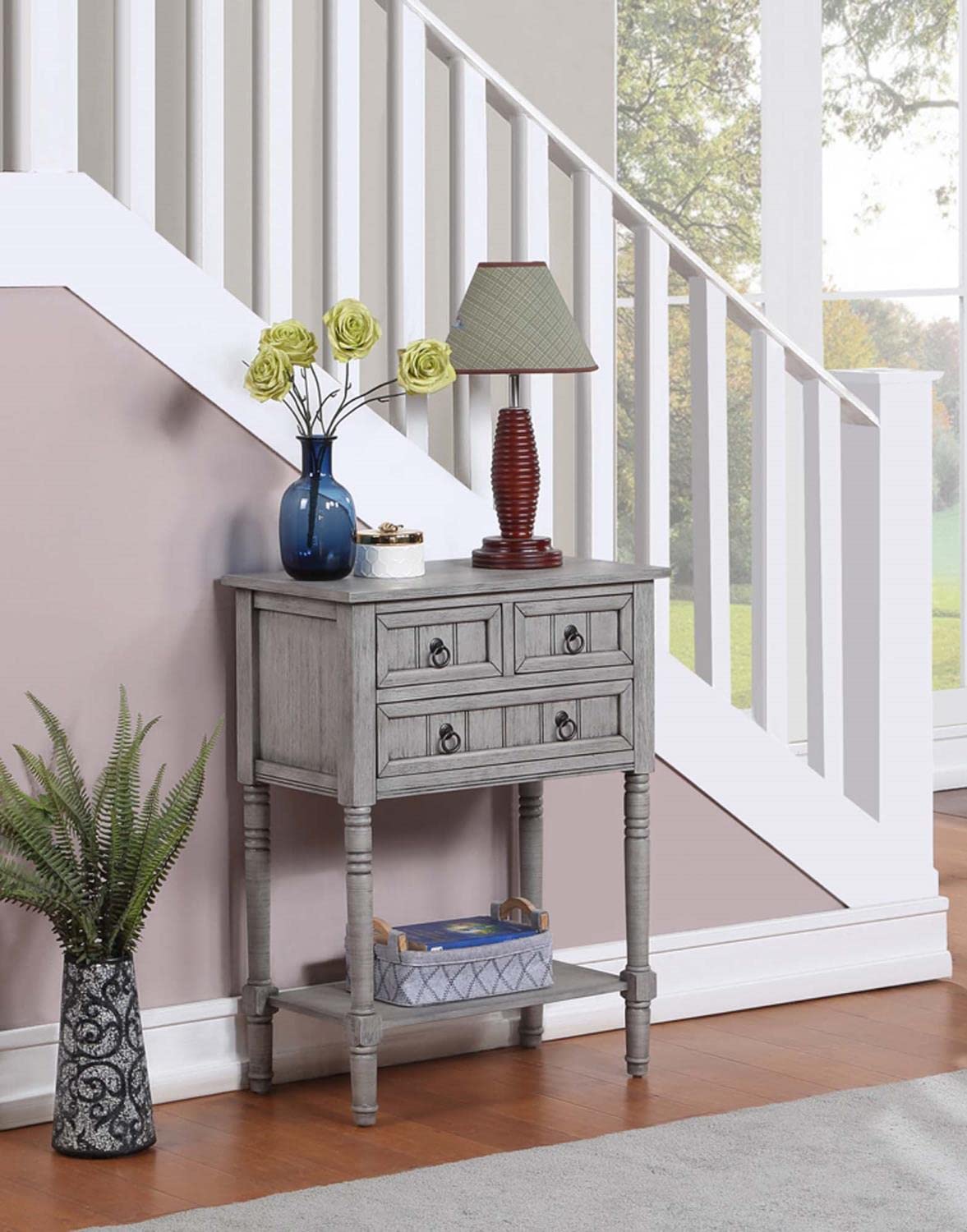 Convenience Concepts Kendra 3 Drawer Hall Table with Shelf, Wirebrush Light Gray