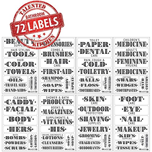 Talented Kitchen Farmhouse Bathroom Beauty Organization Labels β 72 Bathroom & Makeup Organization Preprinted Sticker. Water Resistant, Canister Labels. Jar Decals Bath Storage (Set of 72 β Bathroom)