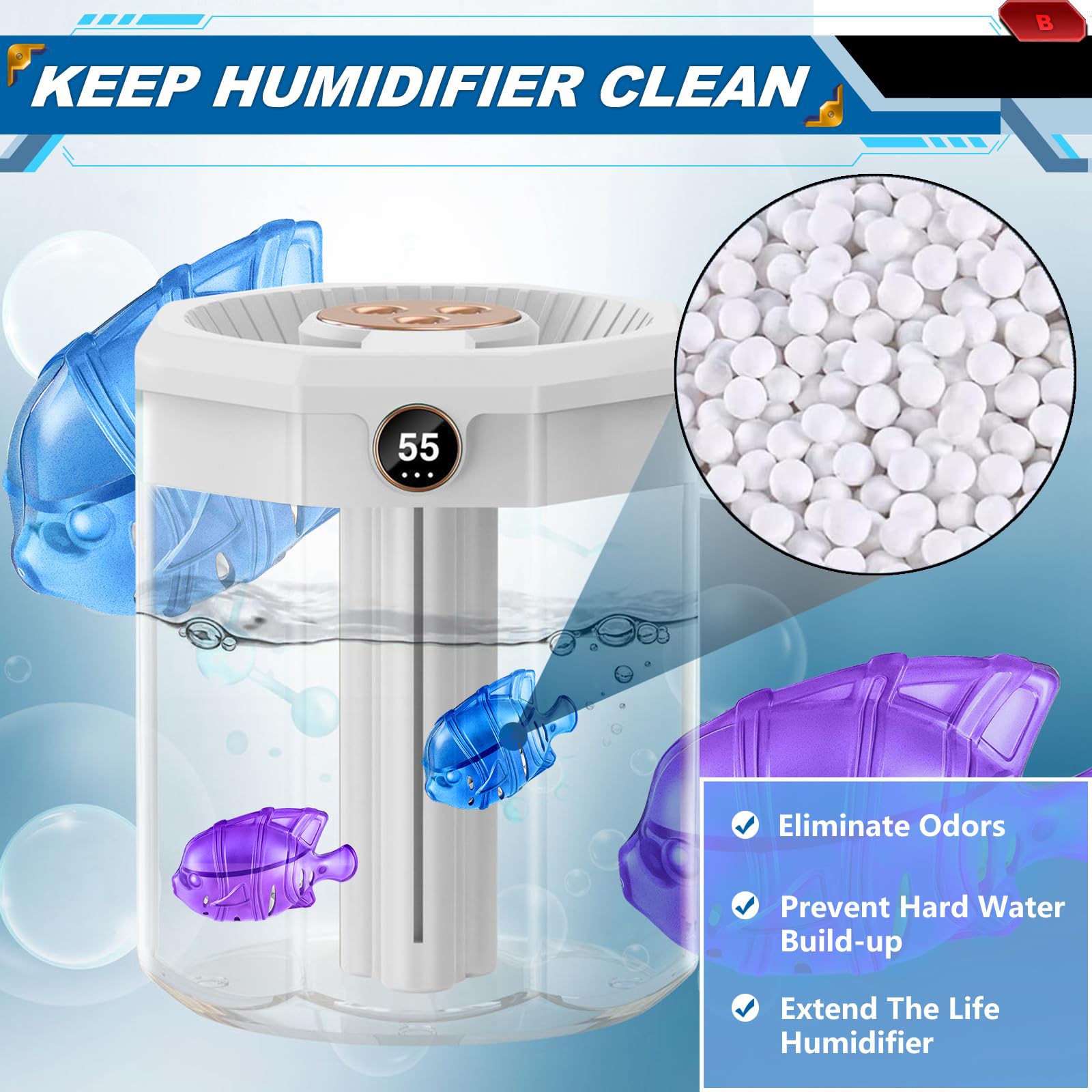 Aziliogcc 10Pack Fish Shape Universal Humidifier Tank Cleaner Filter, Warm & Cool Mist Humidifiers, Fish Tank,Compatible with Drop, Droplet, Adorable,1.57"" x2.5"" (5 Purple,5 Blue)