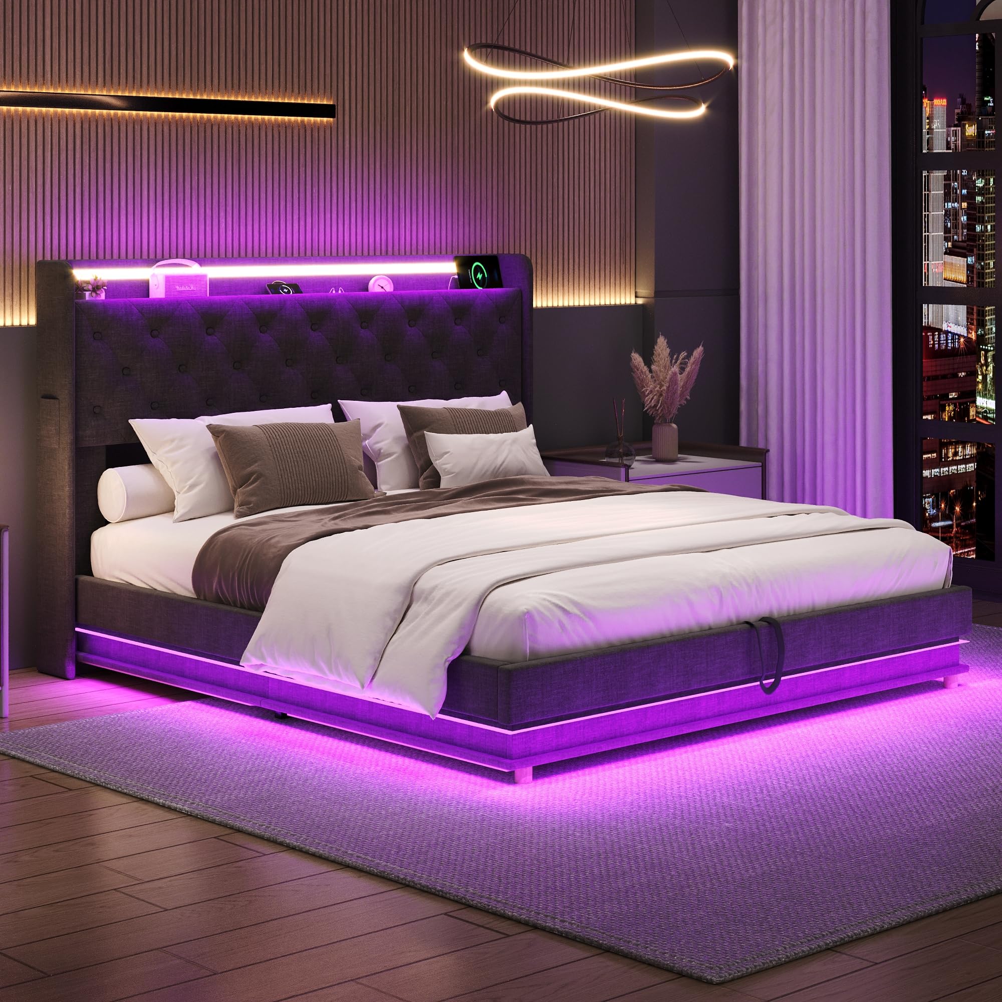 Ailisite King Size Lift Up Storage Bed Frame with Wingback Led Headboard, Upholstered Platform Bed Frame with Hydraulic Lifting Storage&Charging Station, No Spring Box Needed Wood Slats Support