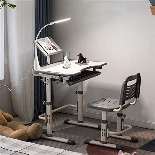 Kids Desk and Chair Set,Height Adjustable Ergonomic Children Sturdy Table with Drawer,Light,Metal Hook and Tilt Desktop for Boys Girls (Gray)