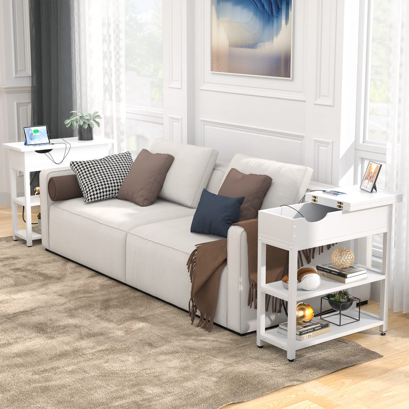 Aheaplus Sofa Side Table with USB Ports and Outlets, Narrow End Table Set of 2 with Charging Station, Bedside Nightstand with Storage Shelves, Slim Side Table，White