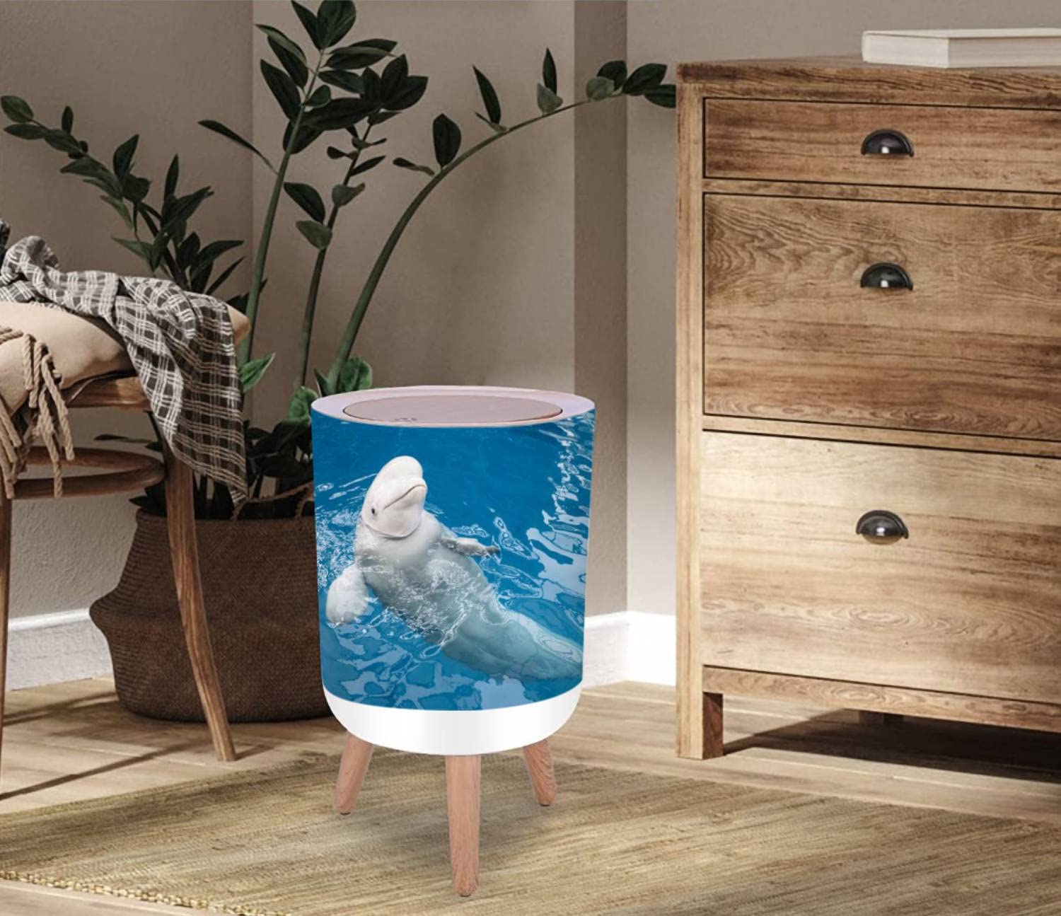 JWHFZMANPYK Round Trash Can with Lid Beluga Whale Press Top Recycle Bin Small Garbage Can Dog Proof Wastebasket Wooden Legs Bathroom Kitchen 7L/1.8 Gallon