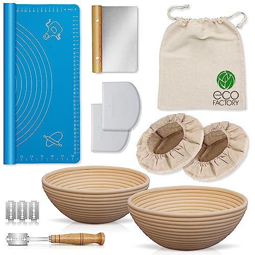 ECO FACTORY Professional Bread Proofing Basket Set of 2-9 inch Round Baskets - Sourdough Bread Making Kit - 100% Natural Indonesian Rattan - Stainless Steel Accessories - Designed in Switzerland