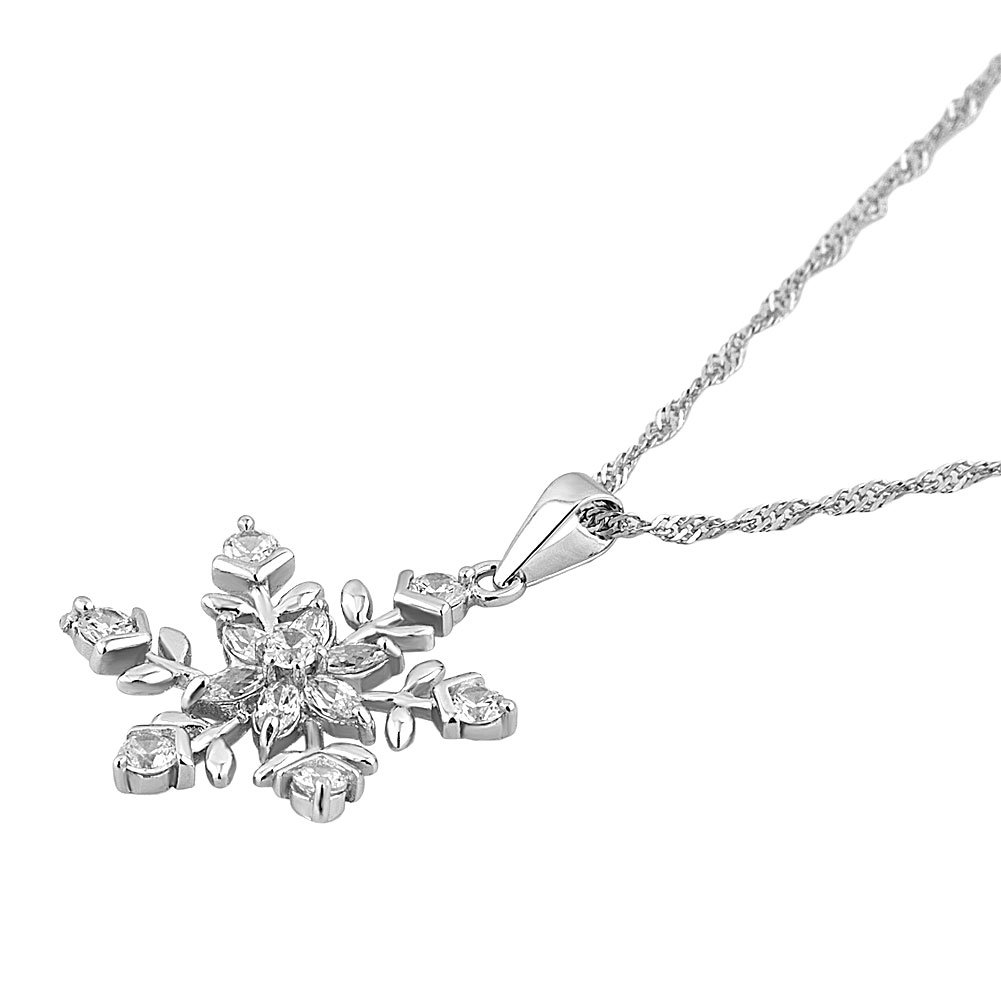 925 Sterling Silver Snowflake Pendant Winter White Crystal Necklace 18"