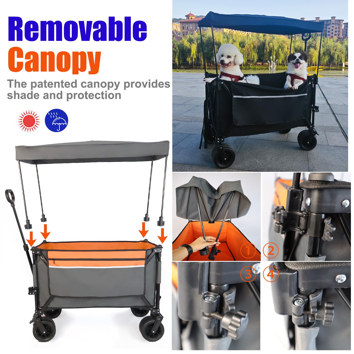 Aimnny Heavy Duty Folding Wagon with Canopy, Collapsible Outdoor Utility Wagon, Compact Garden Cart, Portable Cart with Oversized Bed and Small Folding Size, All Terrain Wheels with Brakes, Grey