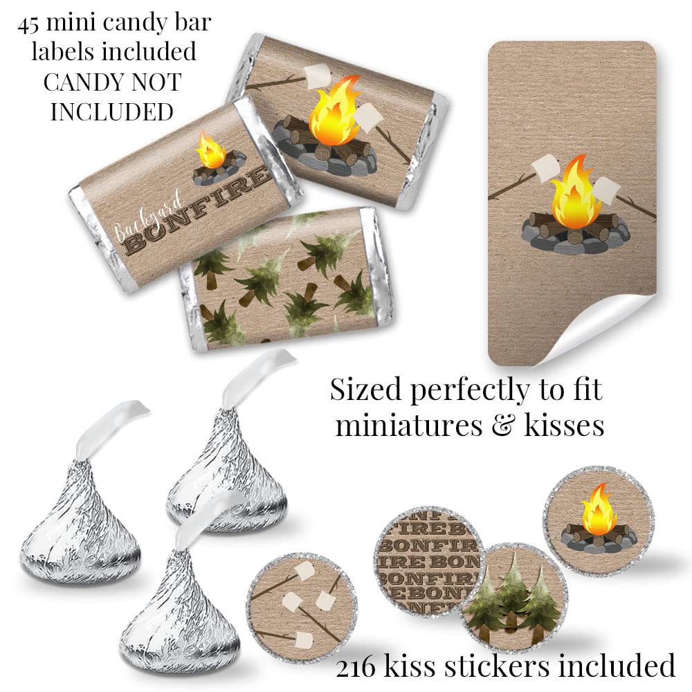 Backyard Bonfire Birthday Party Bundle Includes 20 each of Invitations & Thank You Cards with Envelopes + 2 Different Sizes of Stickers, Mini Candy Bar Wrappers, & Water Bottle Labels!