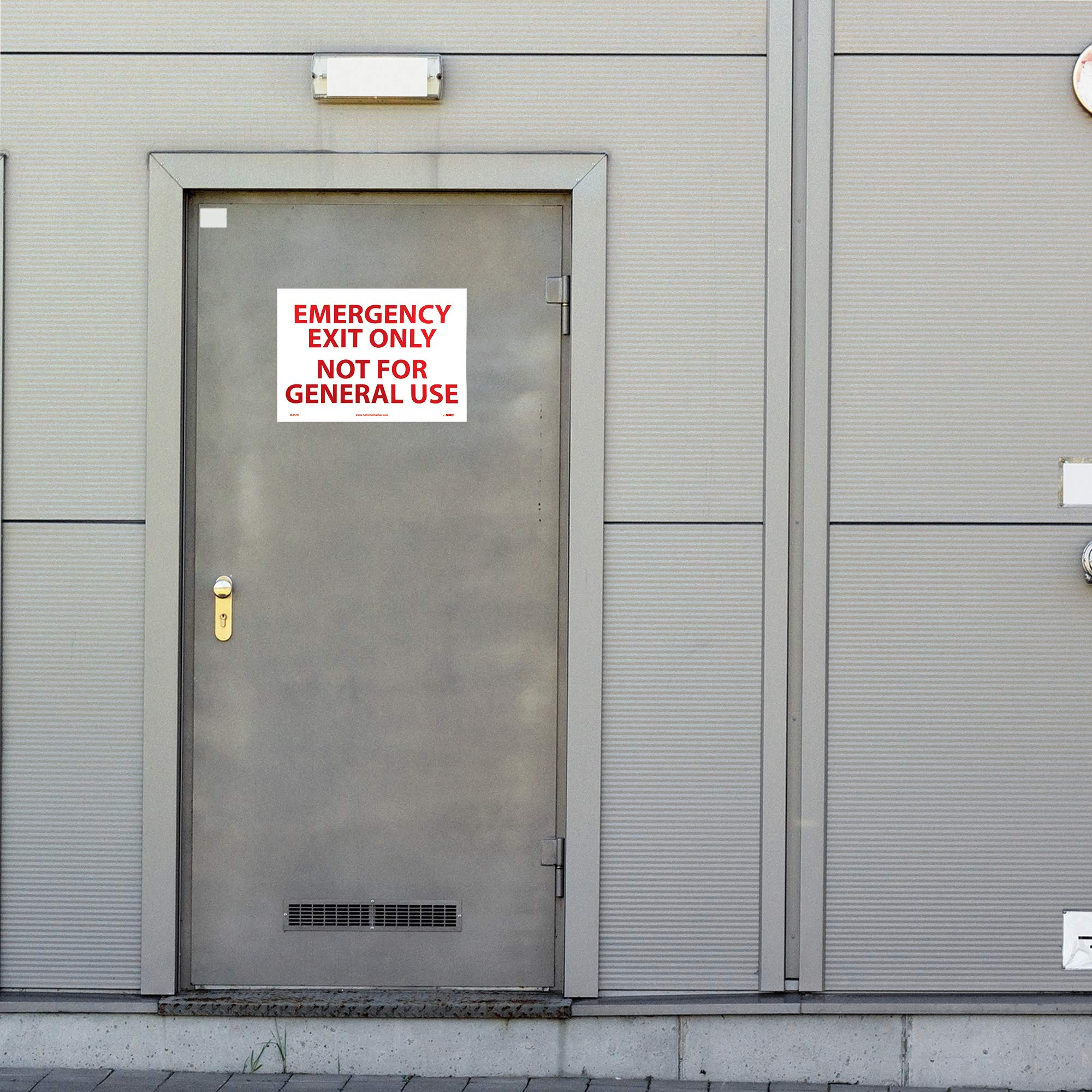 NMC M45PB EMERGENCY EXIT ONLY NOT FOR GENERAL USE Sign – 14 in. x 10in. Adhesive Backed Vinyl Exit Sign with Red Text on White Base