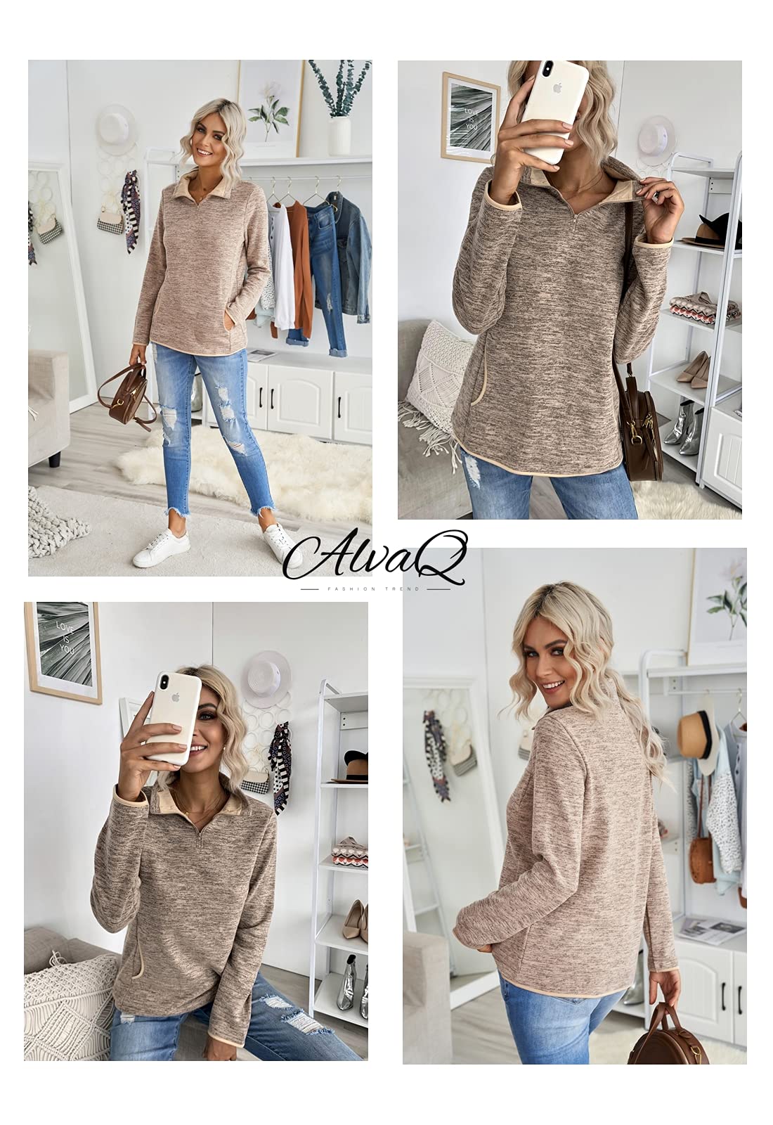 AlvaQ Women Casual Winter Long Sleeve 1/4 Zip Pullover Tops Sweatshirts with Pockets Khaki Medium