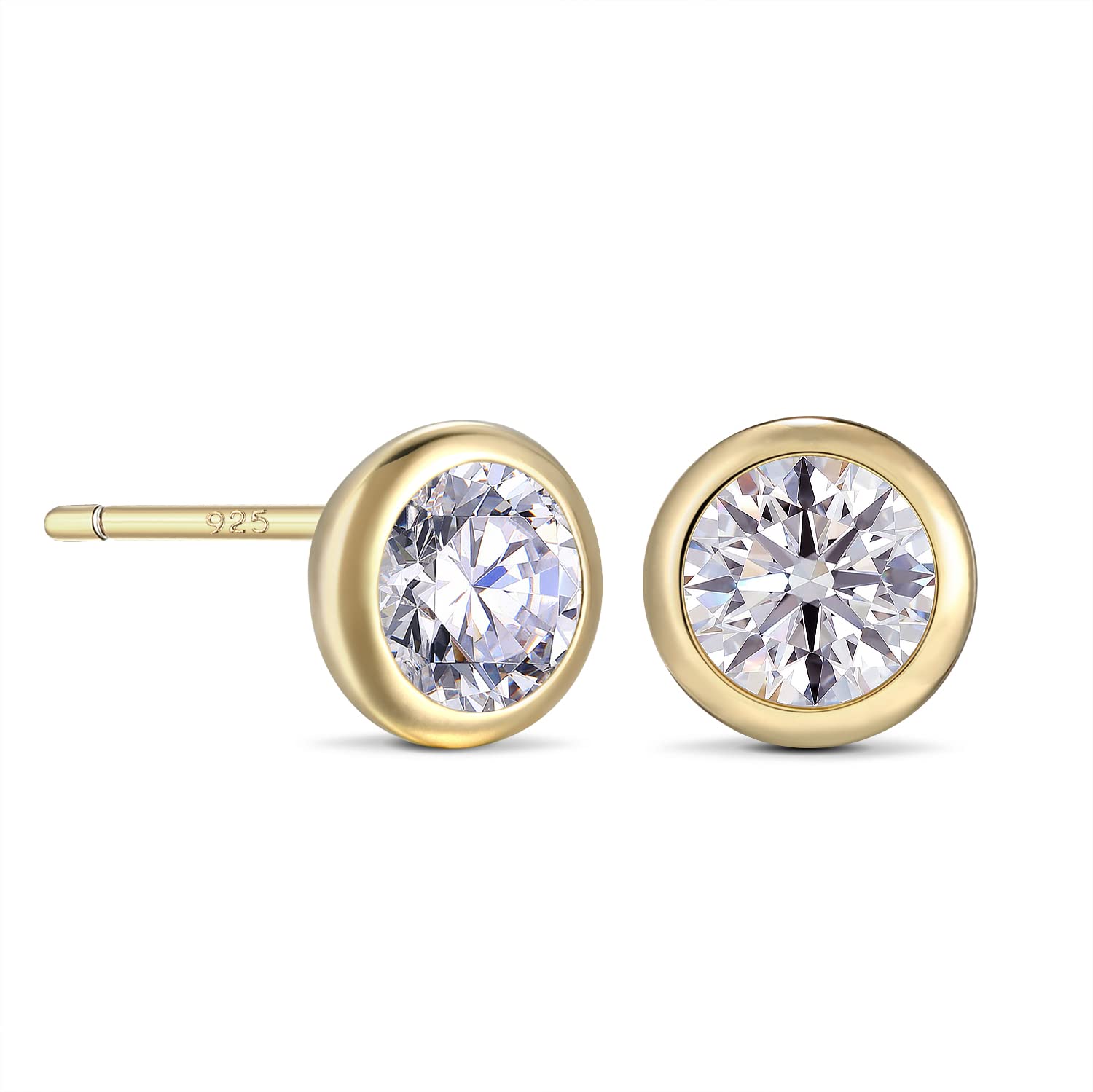 DiamonLite 1 Ct Round CZ 925 Sterling Silver Bezel Set Studs Earrings for Women and Men - Bezel Set CZ Earrings, 18K Gold Plated 925 Silver CZ Bezel Stud Earrings, Gold CZ Earrings for Women and Men