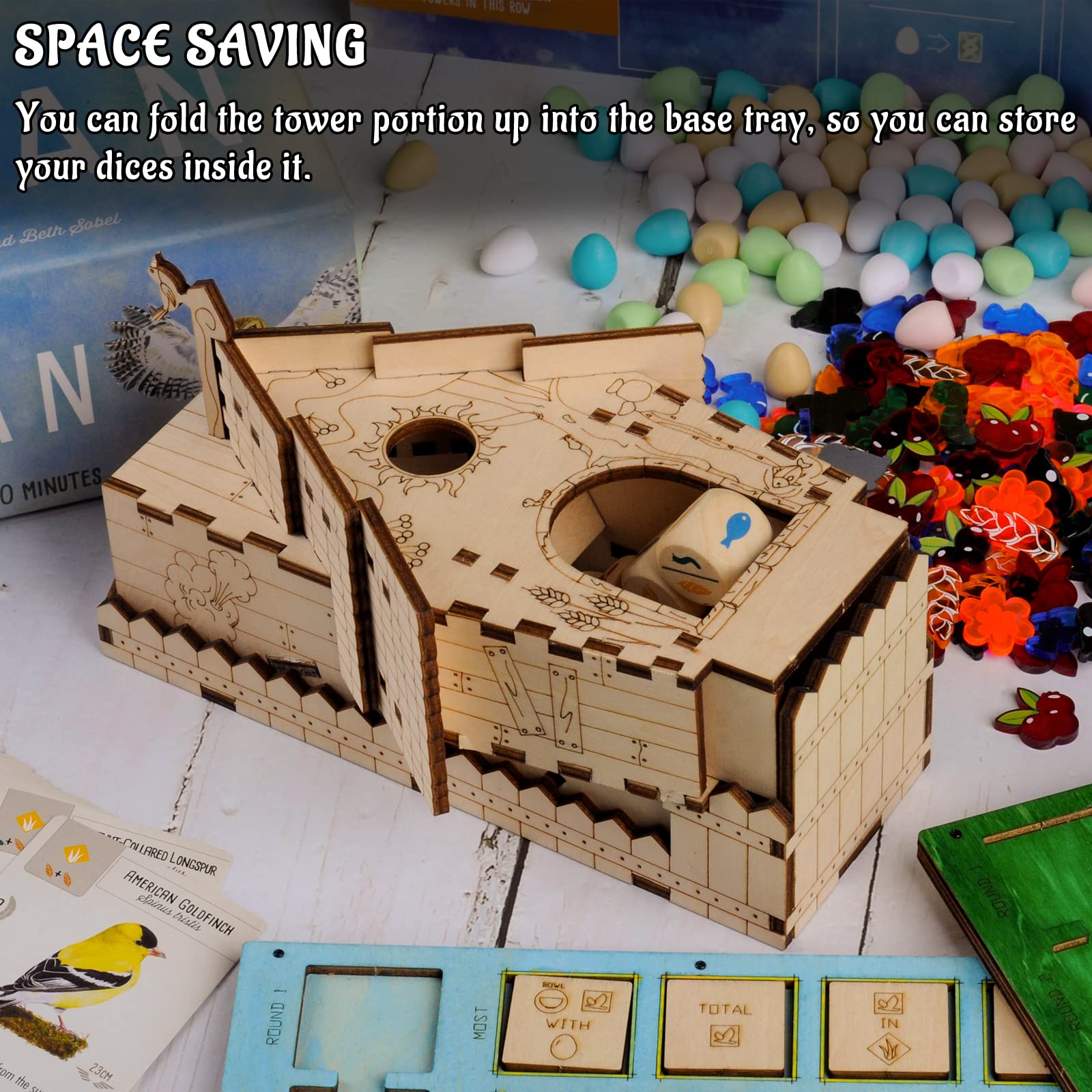 CZYY Bird Feeder Dice Tower with Tray Wood Laser Cut Perfect for Wingspan and Other Tabletop Games