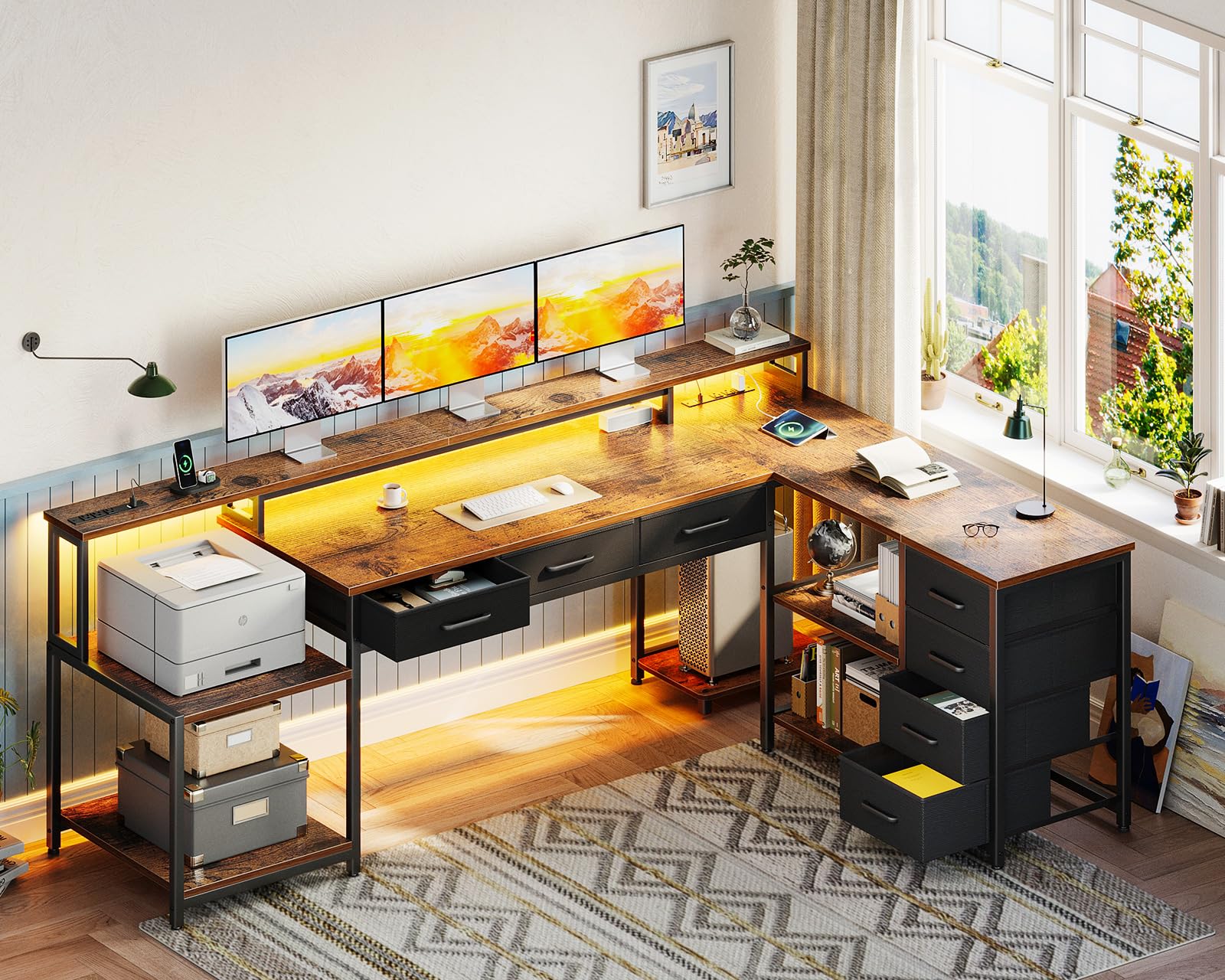 AODK 79" L Shaped Desk with 7 File Drawers, L Shaped Computer Desk with 2 Power Outlets & Monitor Shelf, Home Office Desk with Storage Shelves, Reversible Gaming Desk with LED Light, Vintage