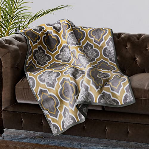 Shop LC Grey Throw Fleece Blanket Queen Size | 80"x60" | Yellow Moroccan Pattern 100% Microfiber Soft Plush Lightweight Full Size Flannel with Knitted Border Birthday Gifts
