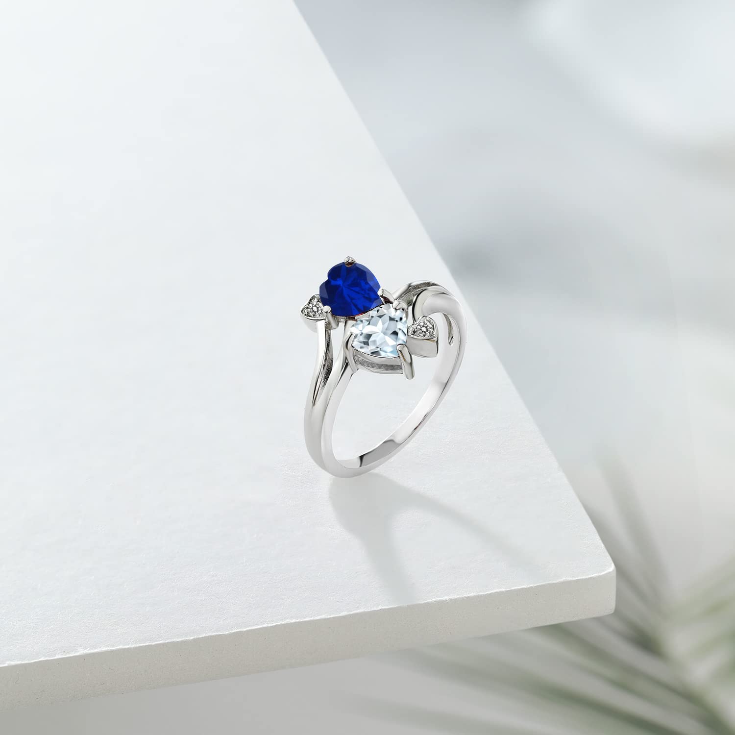 925 Sterling Silver Blue Created Sapphire Sky Blue Aquamarine and White Diamond Ring For Women (1.50 Cttw, Heart Shape 6MM, Gemstone September Birthstone, Available In Size 5, 6, 7, 8, 9)