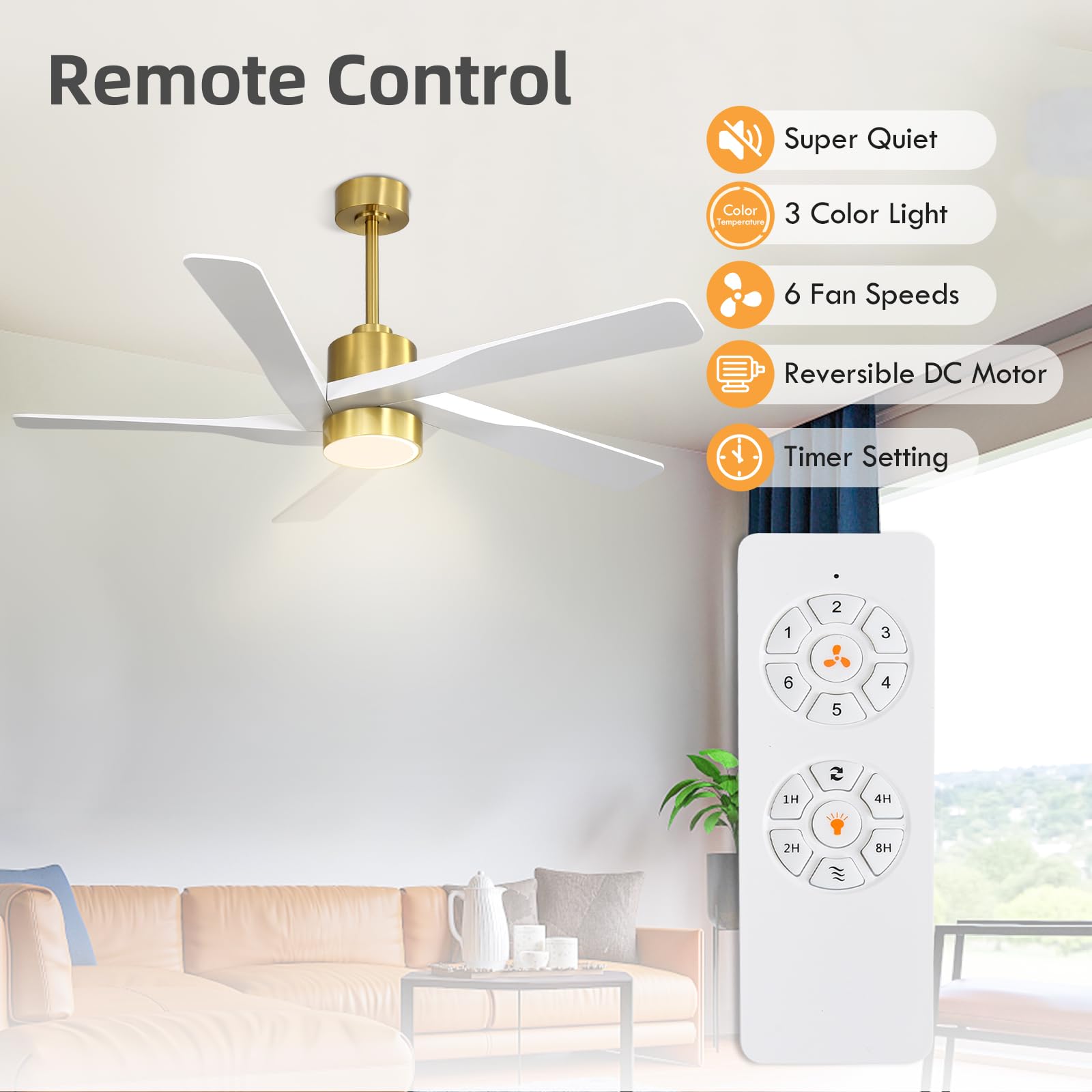 ACOZ 64" ABS DC Ceiling Fan with Lights, 5 Blade ABS Plastic Ceiling Fan with Remote, 6-Speed Reversible DC Motor, LED Ceiling Fan for Kitchen Bedroom Living Room, Brass and White