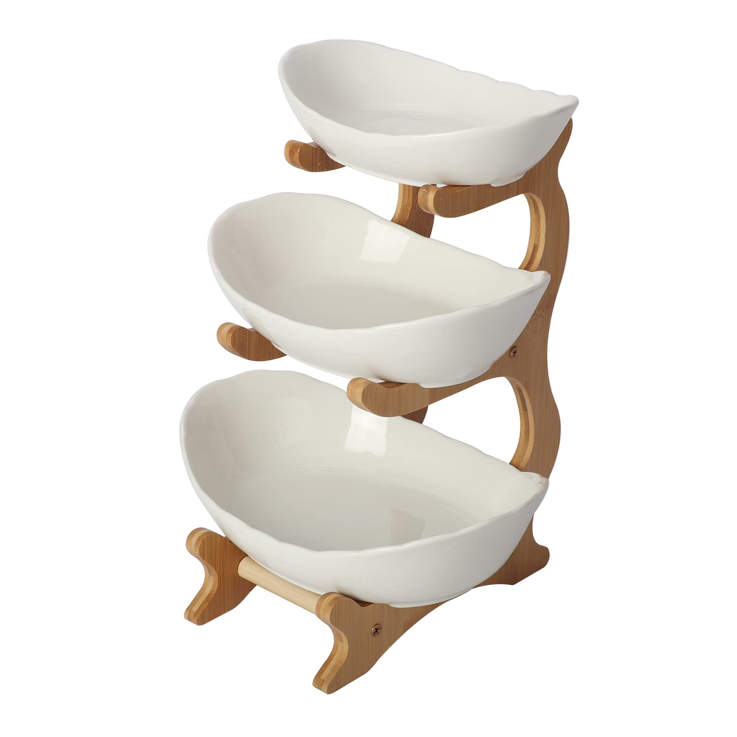 AIWFL 3 Tier Fruit Basket White Fruit Bowl with Bamboo Holder Fruit Ceramic Serving Tray Dessert Serving Stand for Candy Fruits Snacks Nuts Storage Holder