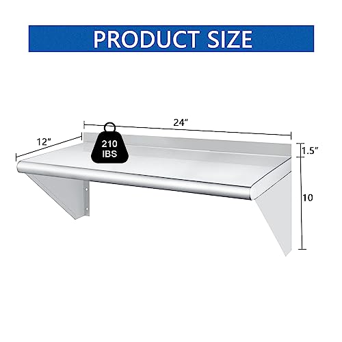 HARDURA Stainless Steel Shelf 12" x 24", 210lb Commercial Shelves Wall Mount Metal Shelving with Backsplash and Brackets for Kitchen, Restaurant, Laundry Room and Home