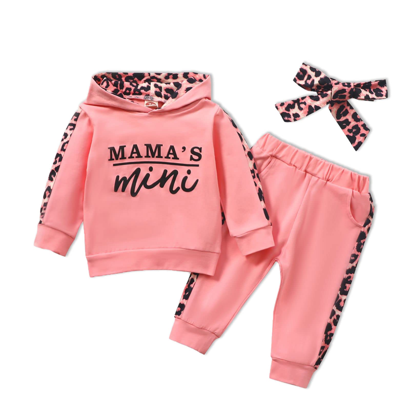 Baby Girl Outfits Long Sleeve Leopard Cotton Pullover Sweatshirt Mama's Mini Infant Hoodies Tops Pants Headband 3 Pcs 6-9 Months