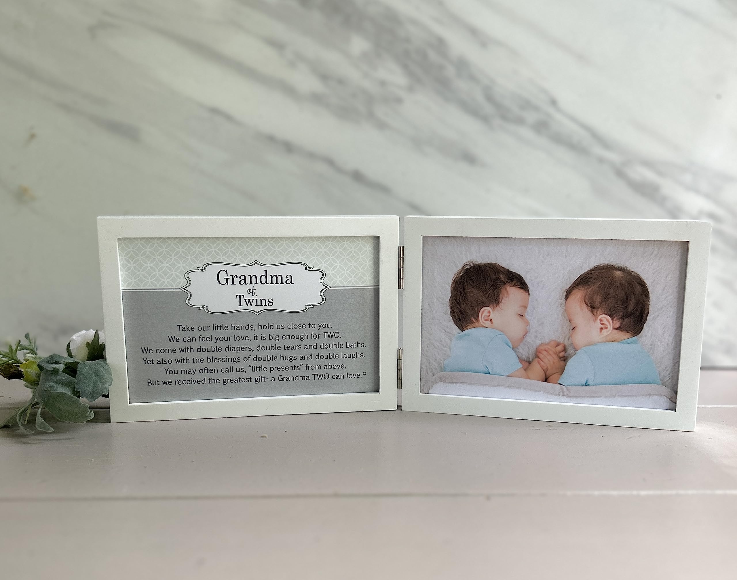 The Grandparent Gift Co. Grandma of Twins Poem White Double Hinged 4 x 6 Photo Frame with Ribbon