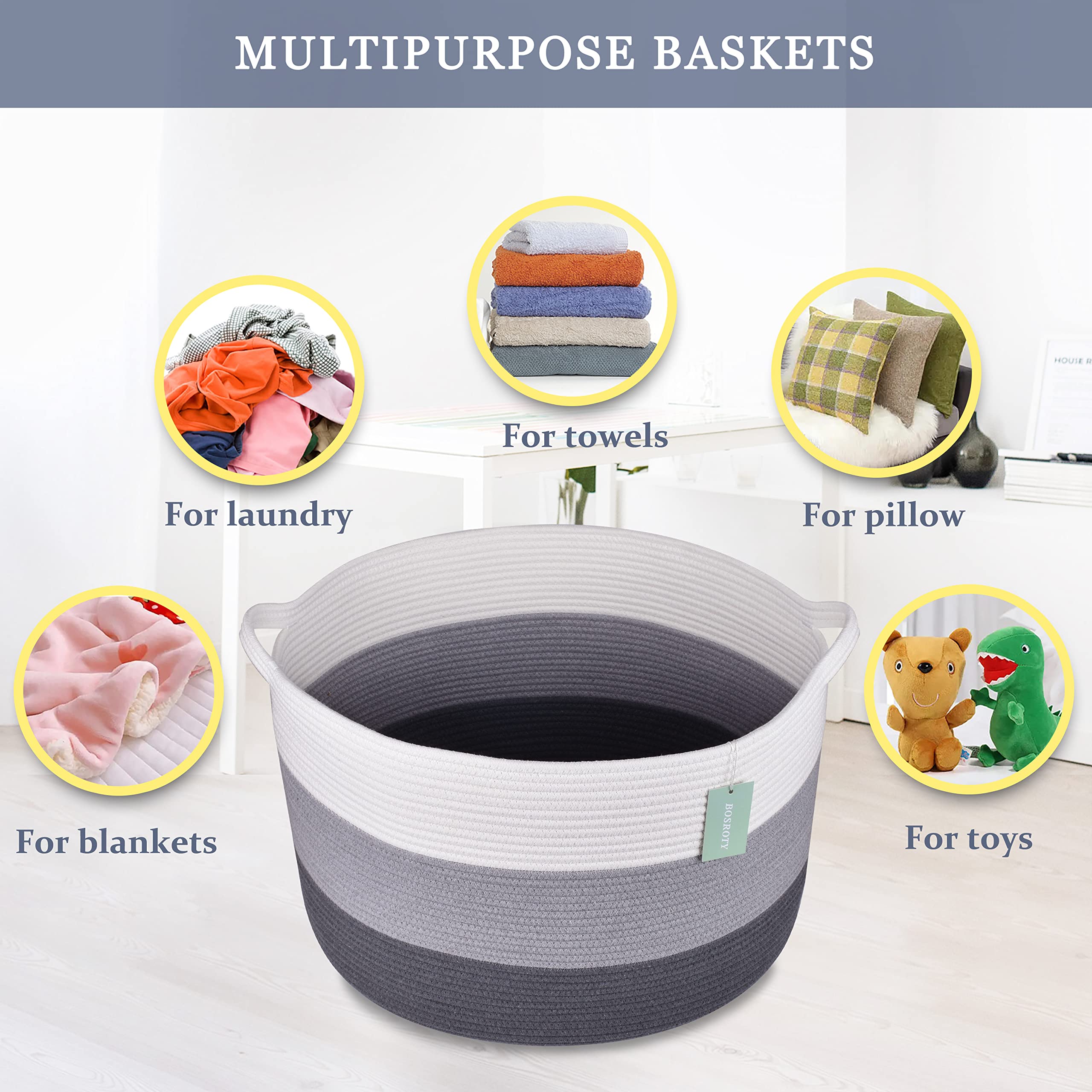 BOSROTY Extra Large Blanket Basket 87L, Laundry Hamper, Baby Nursery Hamper, Large Laundry Basket For Girls Boys, Cotton Rope Basket, Clothes Basket Laundry, 22βx 14β, White & Gray