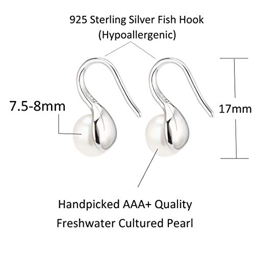 925 Sterling Silver Hoop Handpicked AAA+ Quality 7.5-8mm White Freshwater Cultured Pearl Dangle Drop Earrings Jewelry for Women