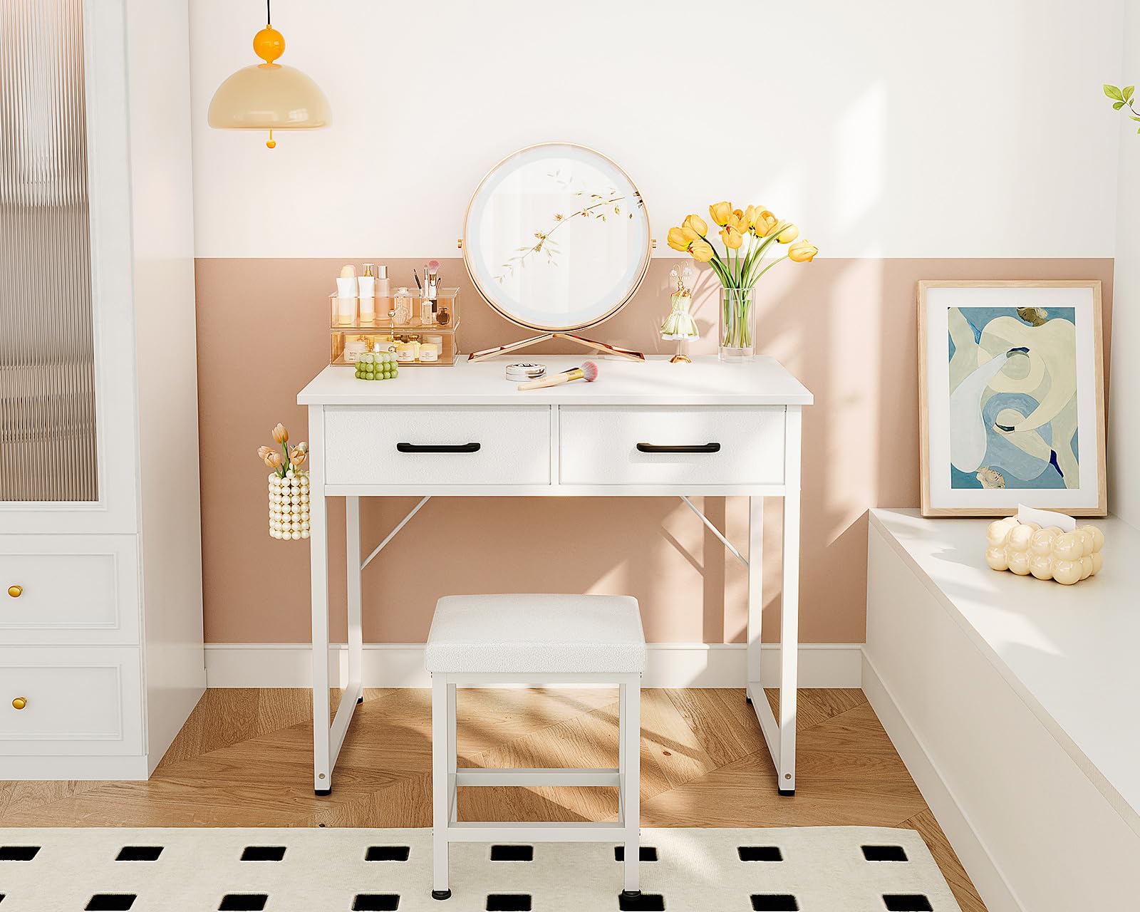 AODK Vanity Desk with 2 Fabric Drawers, 32 Inch Makeup Vanity Without Mirror, Small White Vanity Desk for Bedroom, Makeup Vanity Table with Chair, Kids Girls Vanity Set, White