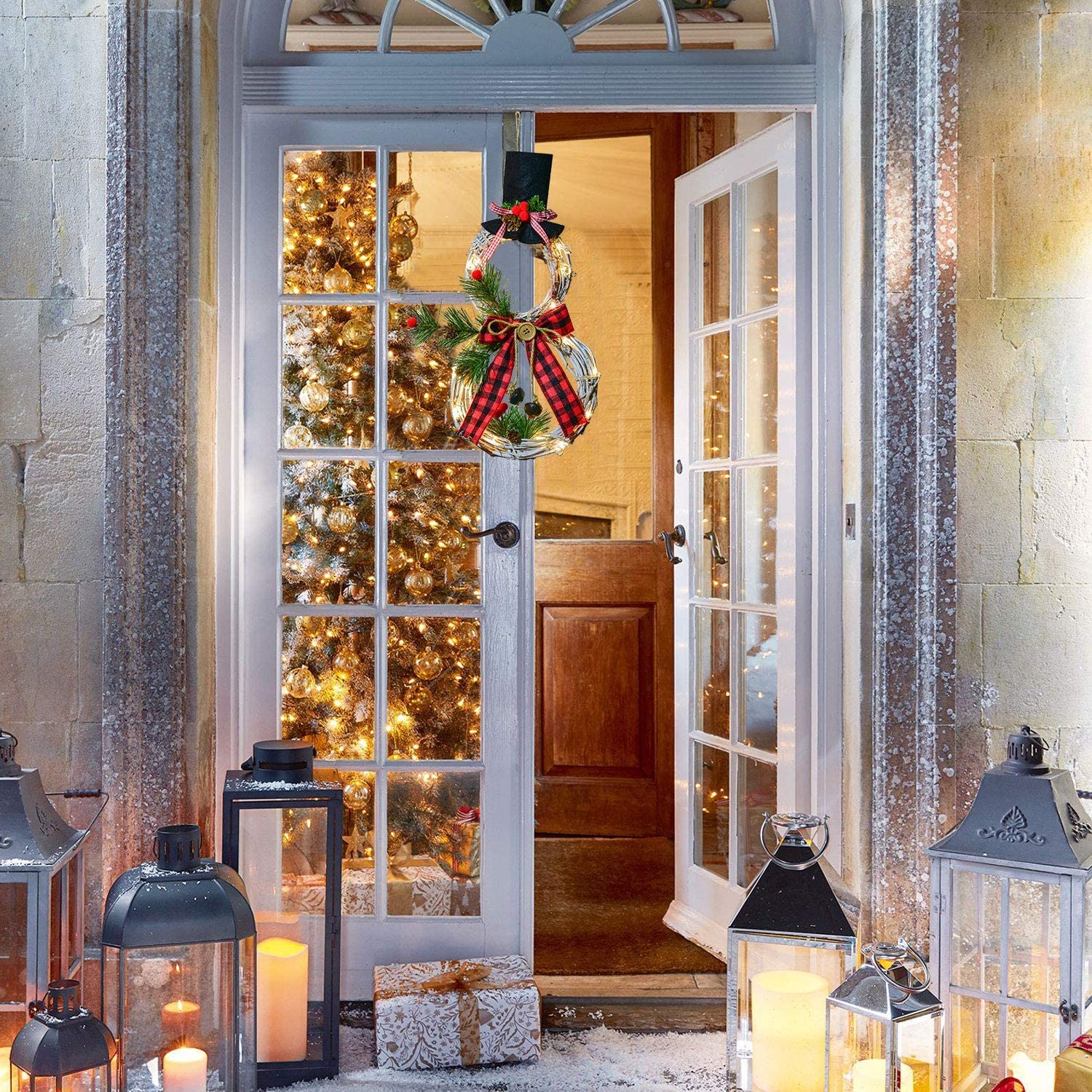 DearHouse Lighted Christmas Wreath Decoration, 16 x 8 Inch Grapevine Wreath with Hat and Bow Snowman Shape Wreath for Front Door Home Garden Wall Decor