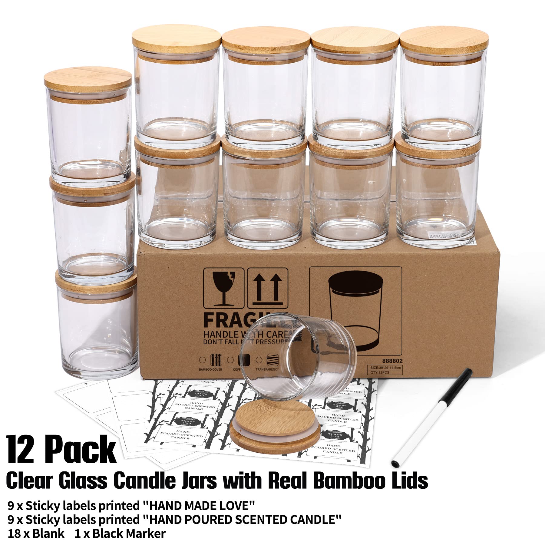 Aminigram 12 Pack, 12 OZ Clear Candle Jars with Bamboo Lids, Empty Glass Candle Jars for Making Candles, Morden Kitchen Bathroom Small Things Container - Bonus 36 Sticky Labels