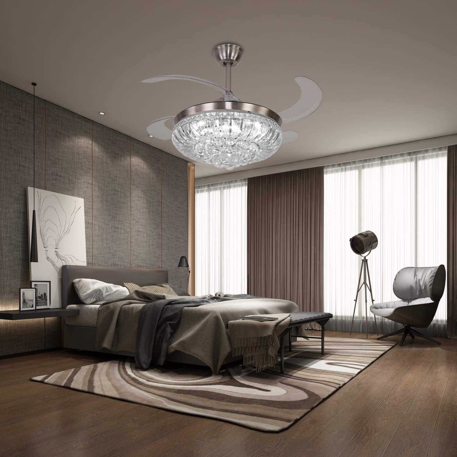 Ainfox 42" Crystal Ceiling Fan with Light, 4-Blades Chandelier Ceiling Fan with Remote Control, 3 Speeds Invisible Retractable Modern LED Fan for Living Room, 3 Light Change Timing Function