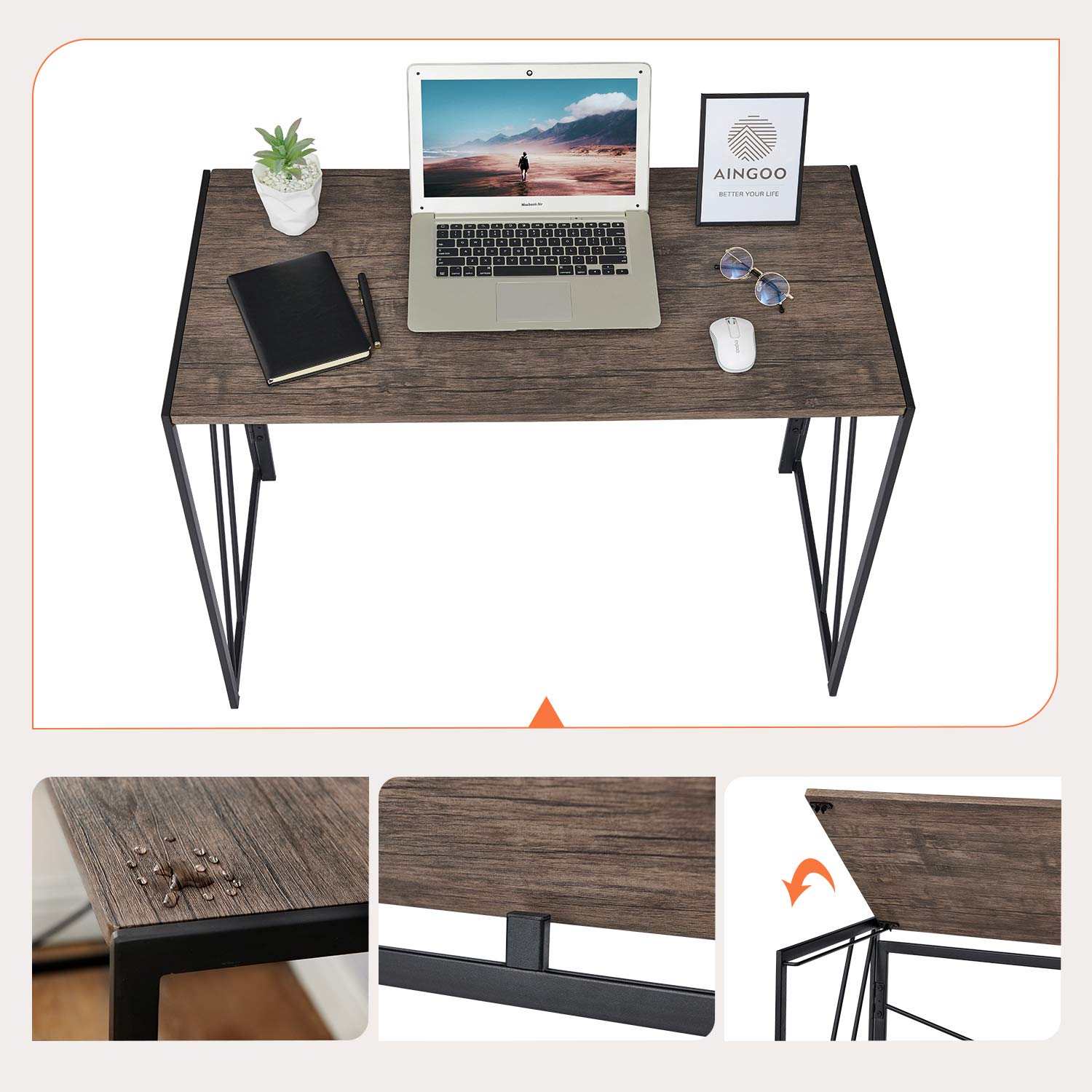 AINGOO No Assembly Folding Computer Writing Desk Industrial Style Home Office Study Laptop Gaming Table for Small Space Brown