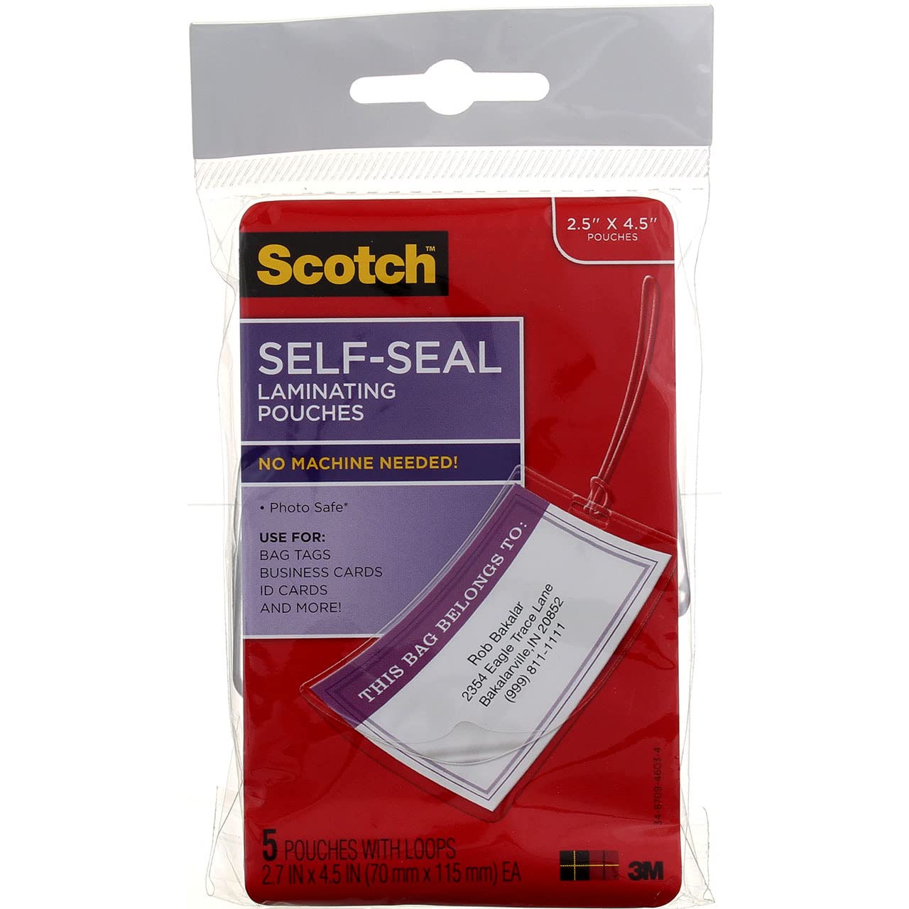 Scotch Self-Sealing Laminating Pouches, 12.5 mil, 2 13/16 x 4 9/16, Luggage Tag, 5/Pack