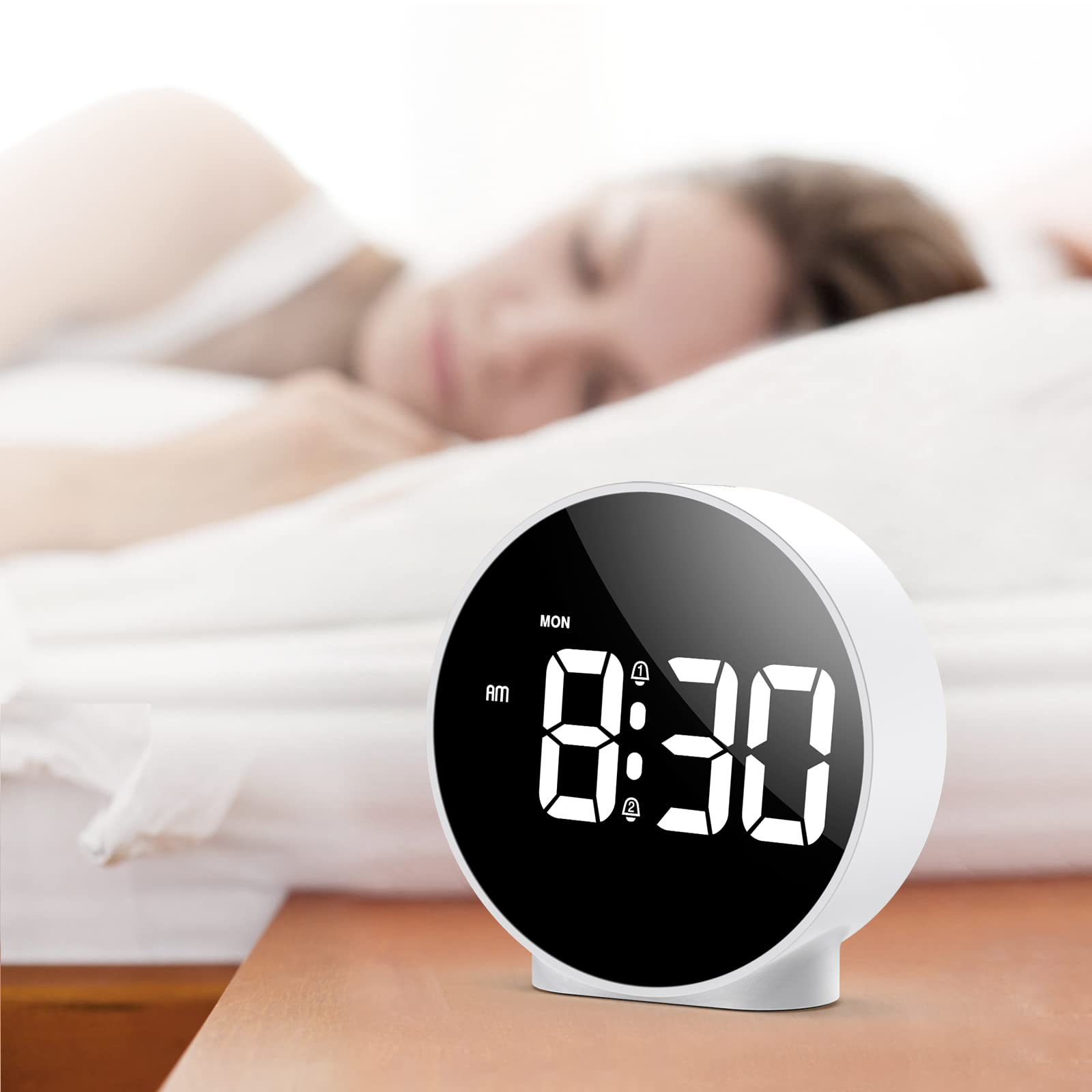 AMIR Digital Alarm Clock, LED Electronic Clock, Bedside Clock with 2 Alarms, Snooze, Adjustable Brightness, 12/24H, Small Desk Clock (Battery & Adapter Not Included)