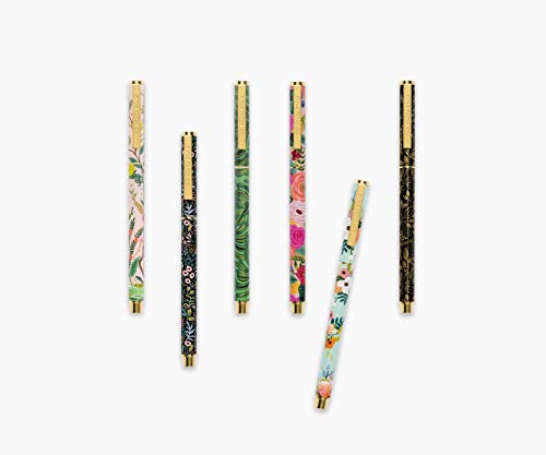 RIFLE PAPER CO. Lively Floral Writing Pen, 5.375" L, 0.5 mm Rollerball Tip, Stainless Steel Body with Brass Accents, Pair Desk Accessories