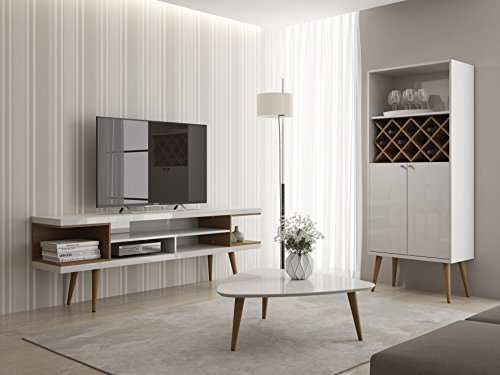 Manhattan Comfort Utopia Collection Mid Century Modern TV Stand With Open 3 Open Shelves and Two Open Cubbies, White/Wood